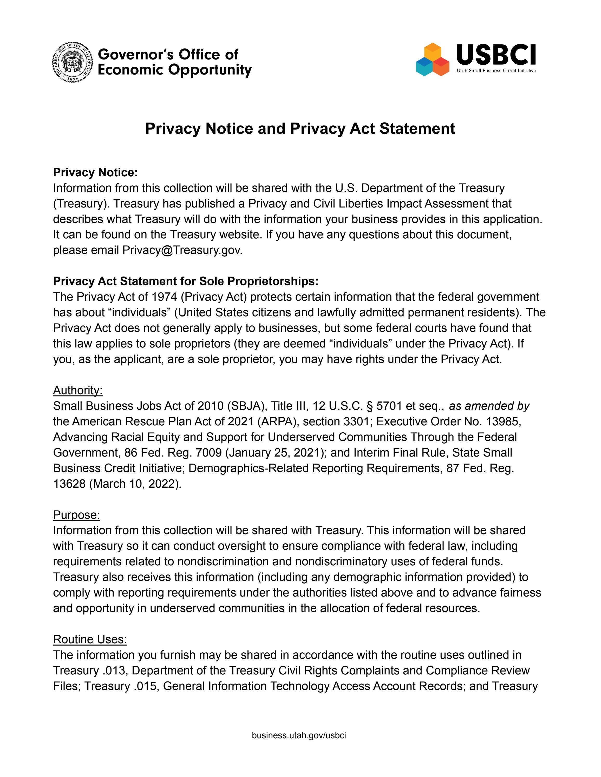 USBCI Privacy Act, Notice, and Demographic-Related Data Collection Form ...