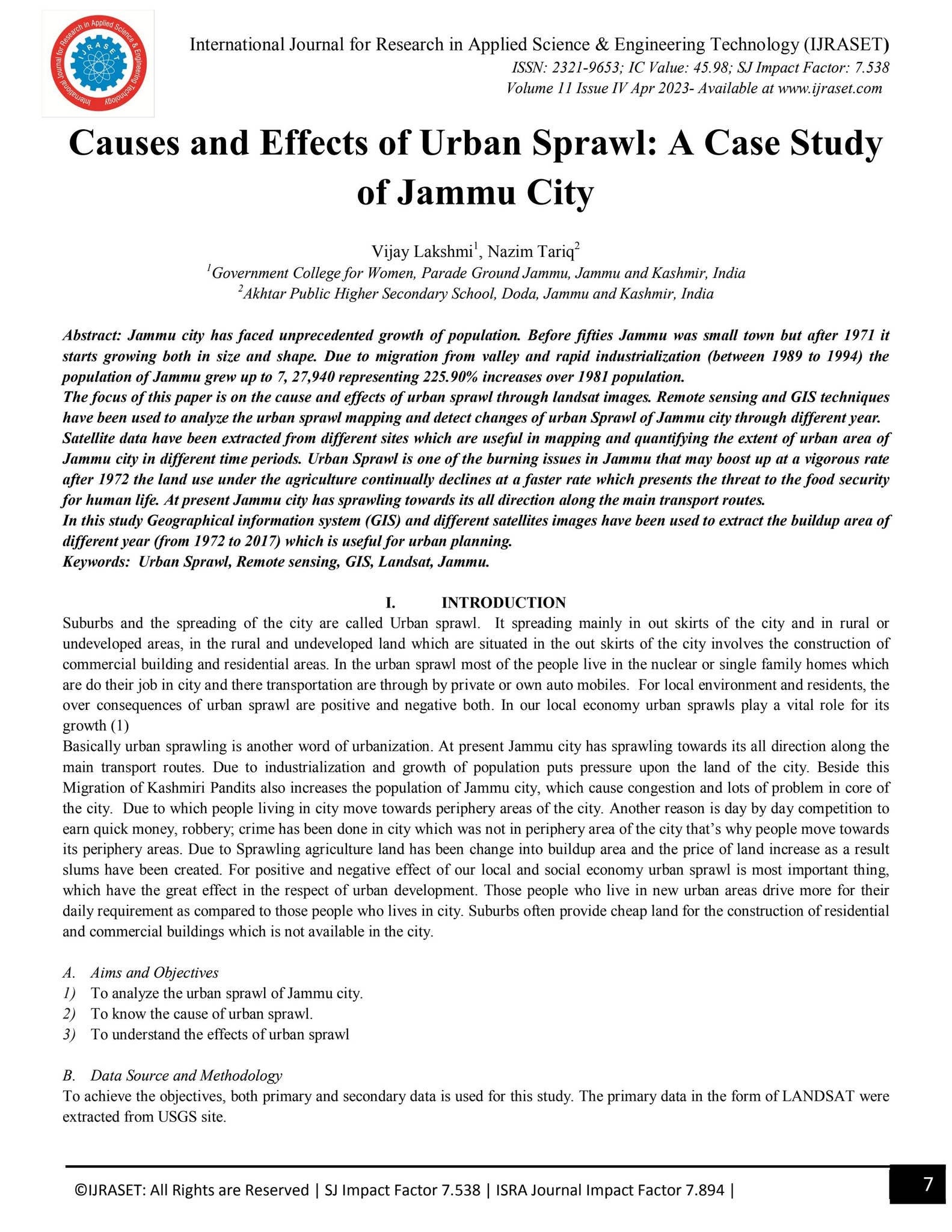Causes and Effects of Urban Sprawl: A Case Study of Jammu City by ...