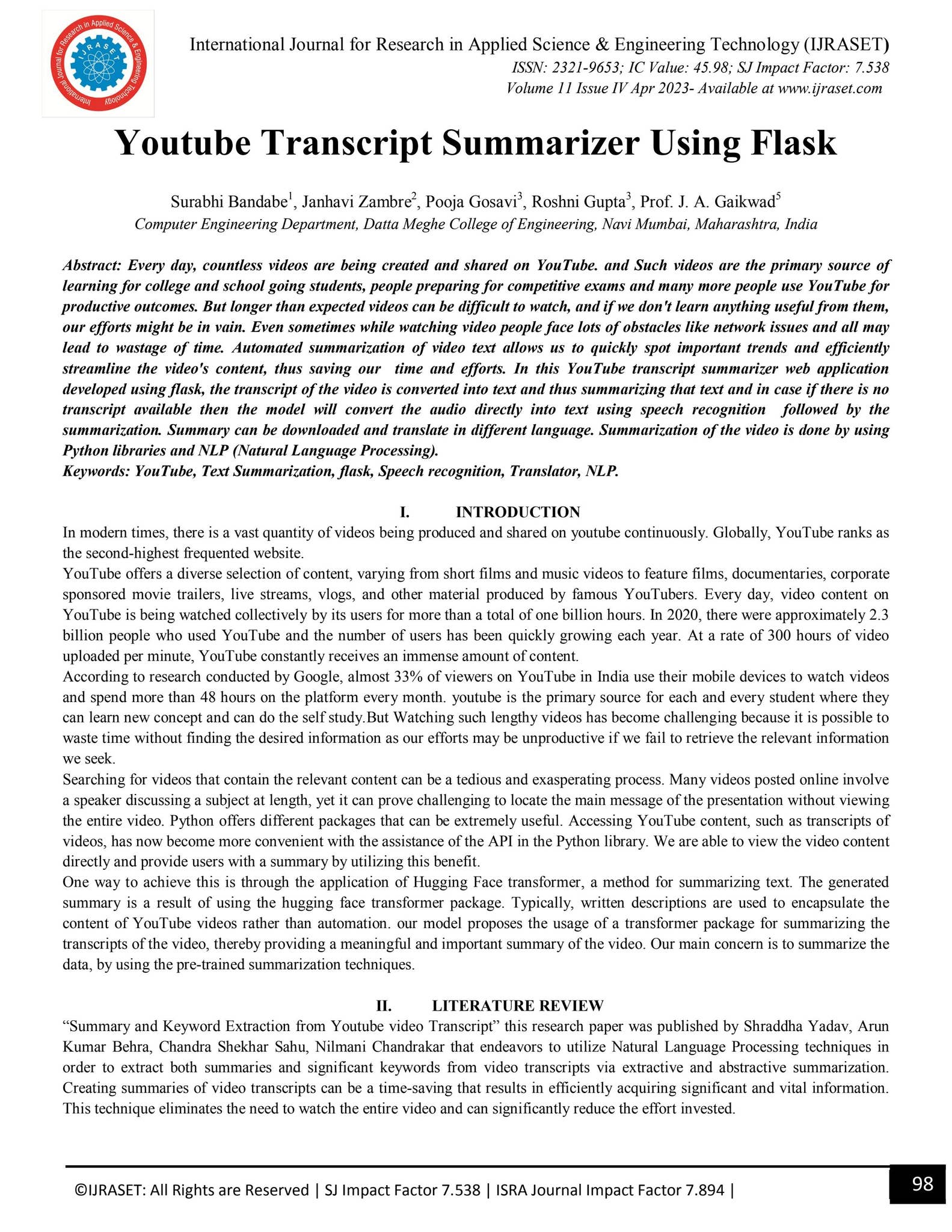 Youtube Transcript Summarizer Using Flask By Ijraset Issuu