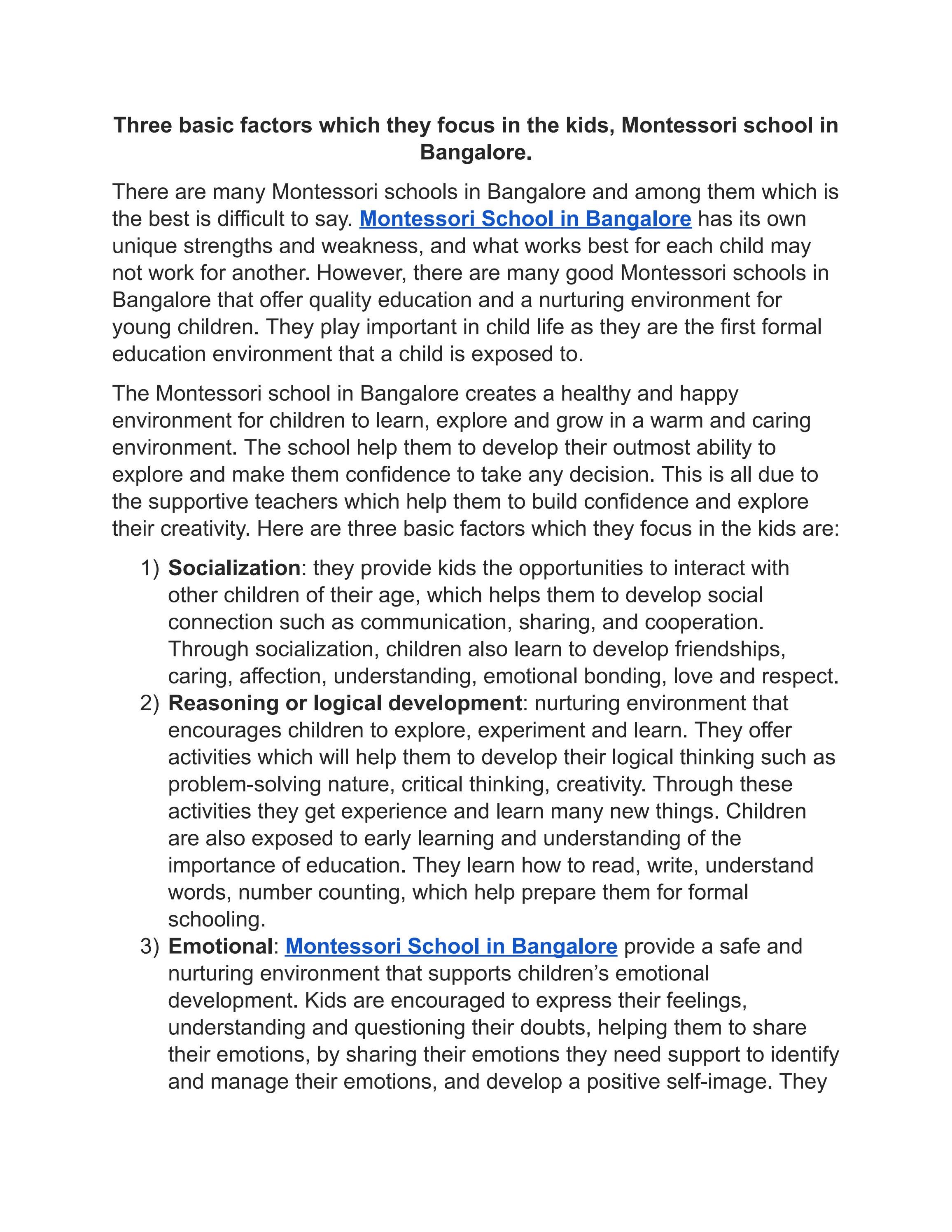 Three basic factors which they focus in the kids, Montessori school in ...