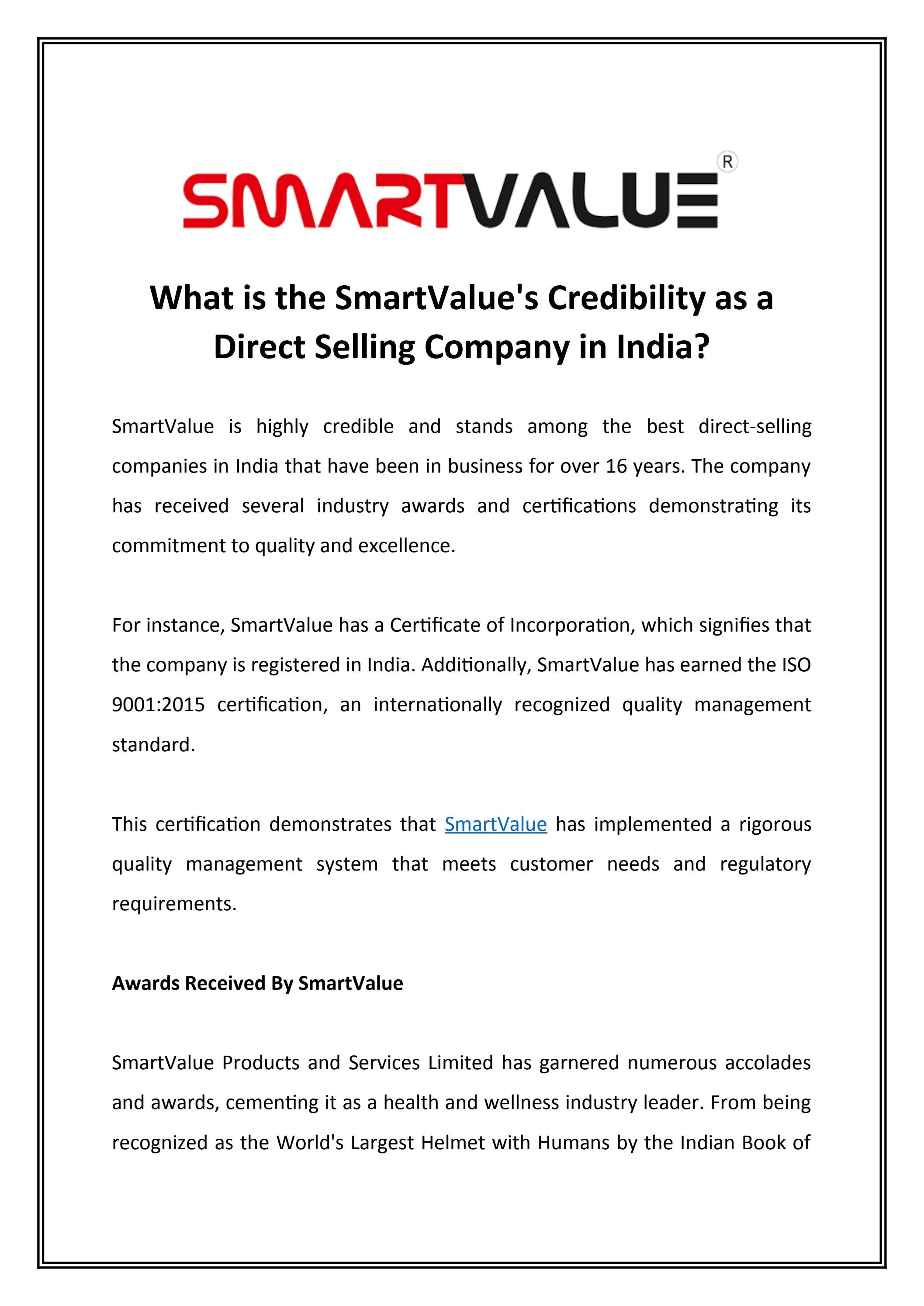 What is the SmartValue's Credibility as a Direct Selling Company in ...