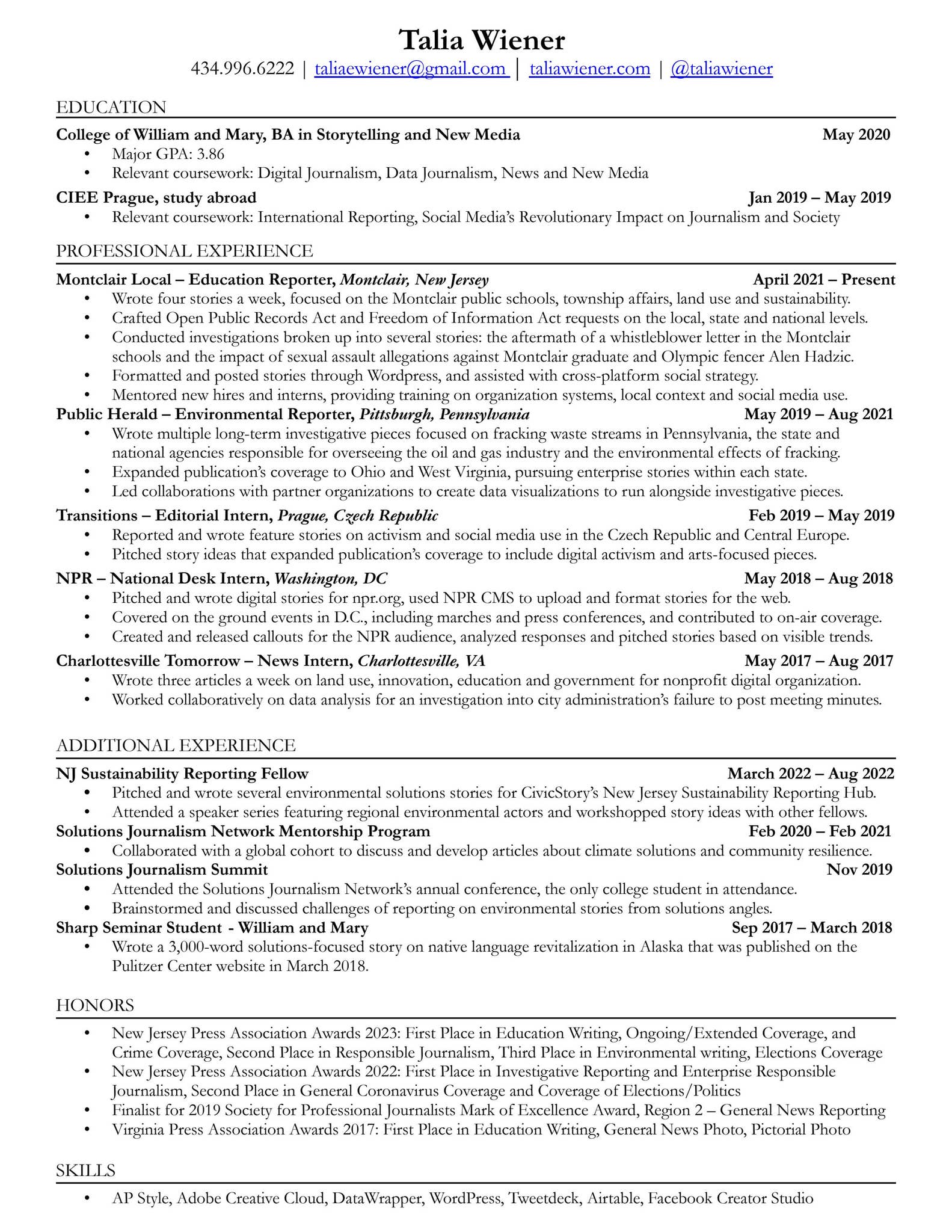 Talia Wiener's Resume by Talia Wiener - Issuu