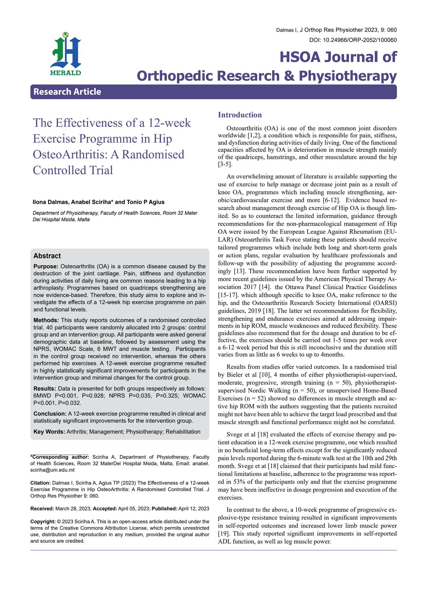 The Effectiveness of a 12-week Exercise Programme in Hip OsteoArthritis ...