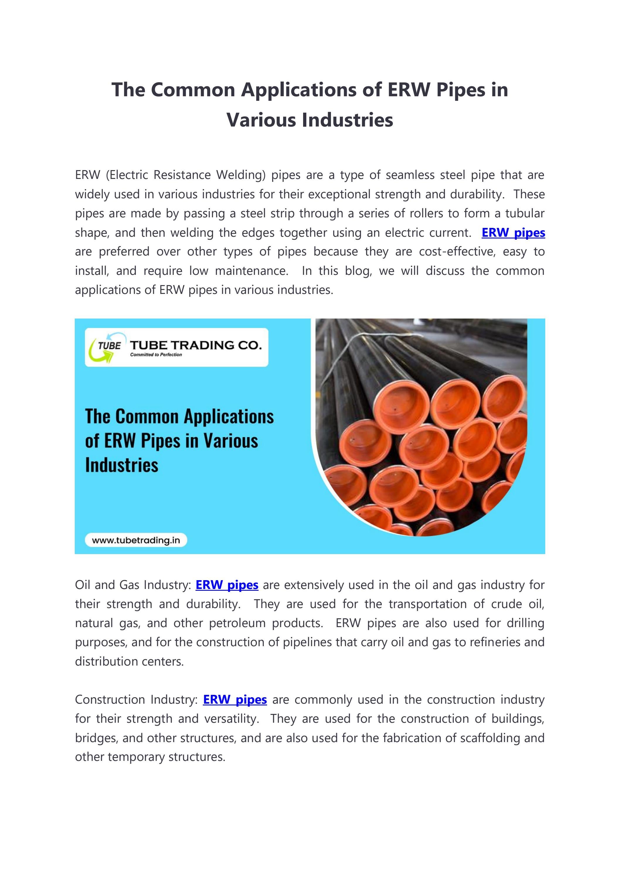 The Common Applications of ERW Pipes in Various Industries by Tube30 ...
