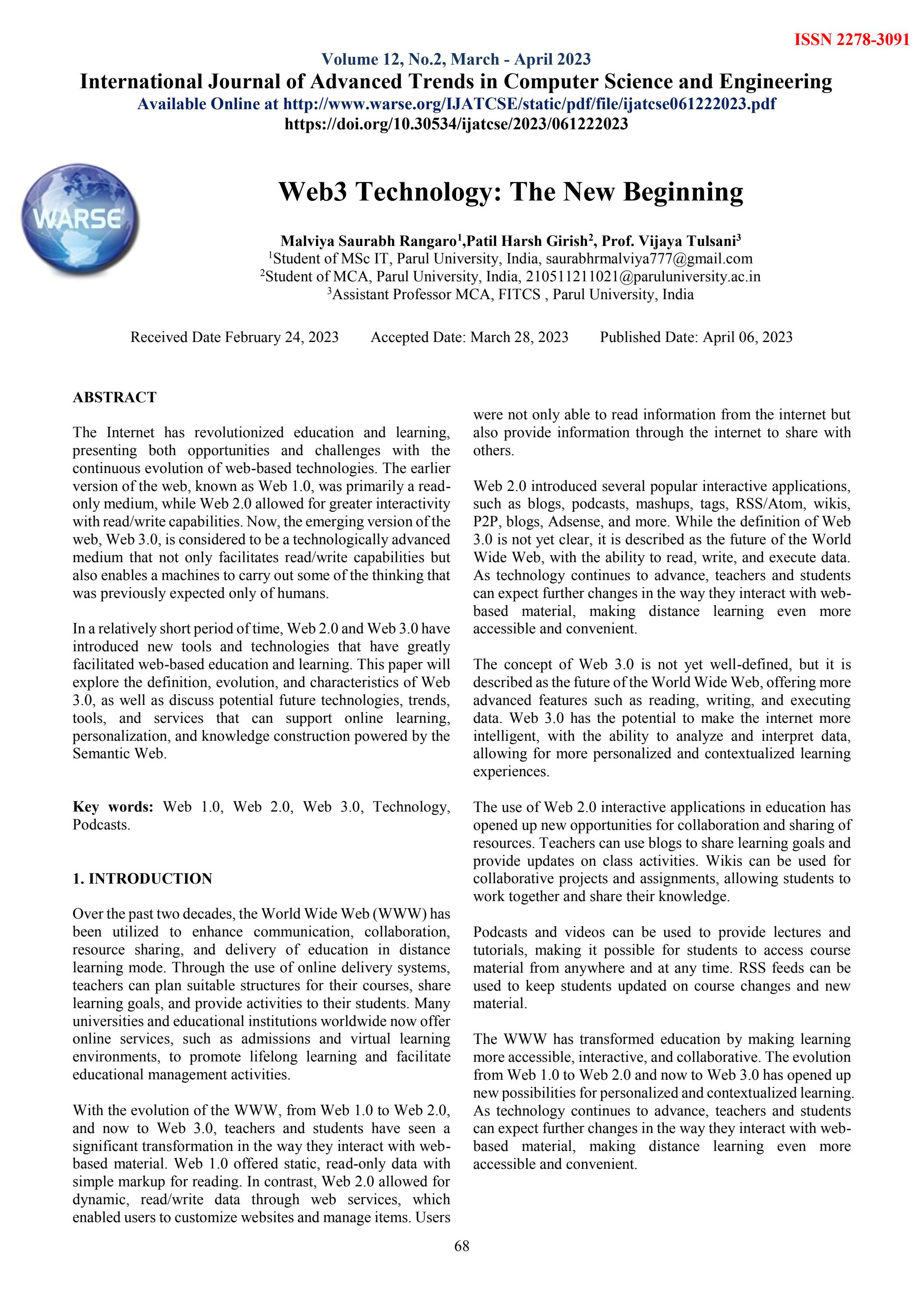 Web3 Technology: The New Beginning by The World Academy of Research in Science and Engineering ...