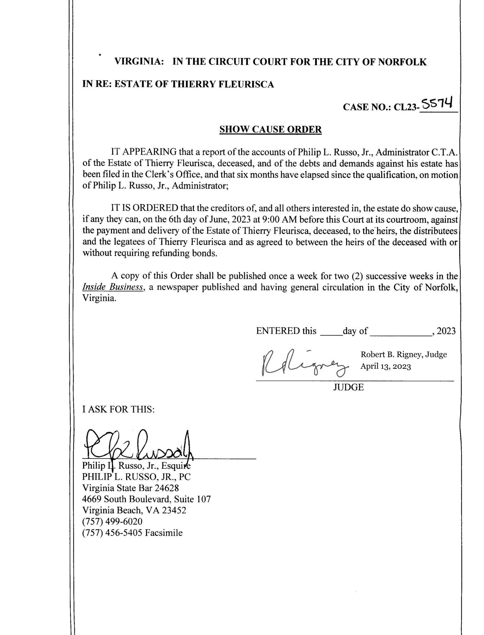 CL23-5574 SHOW CAUSE ORDER by Norfolk Circuit Court Clerk's Office - Issuu