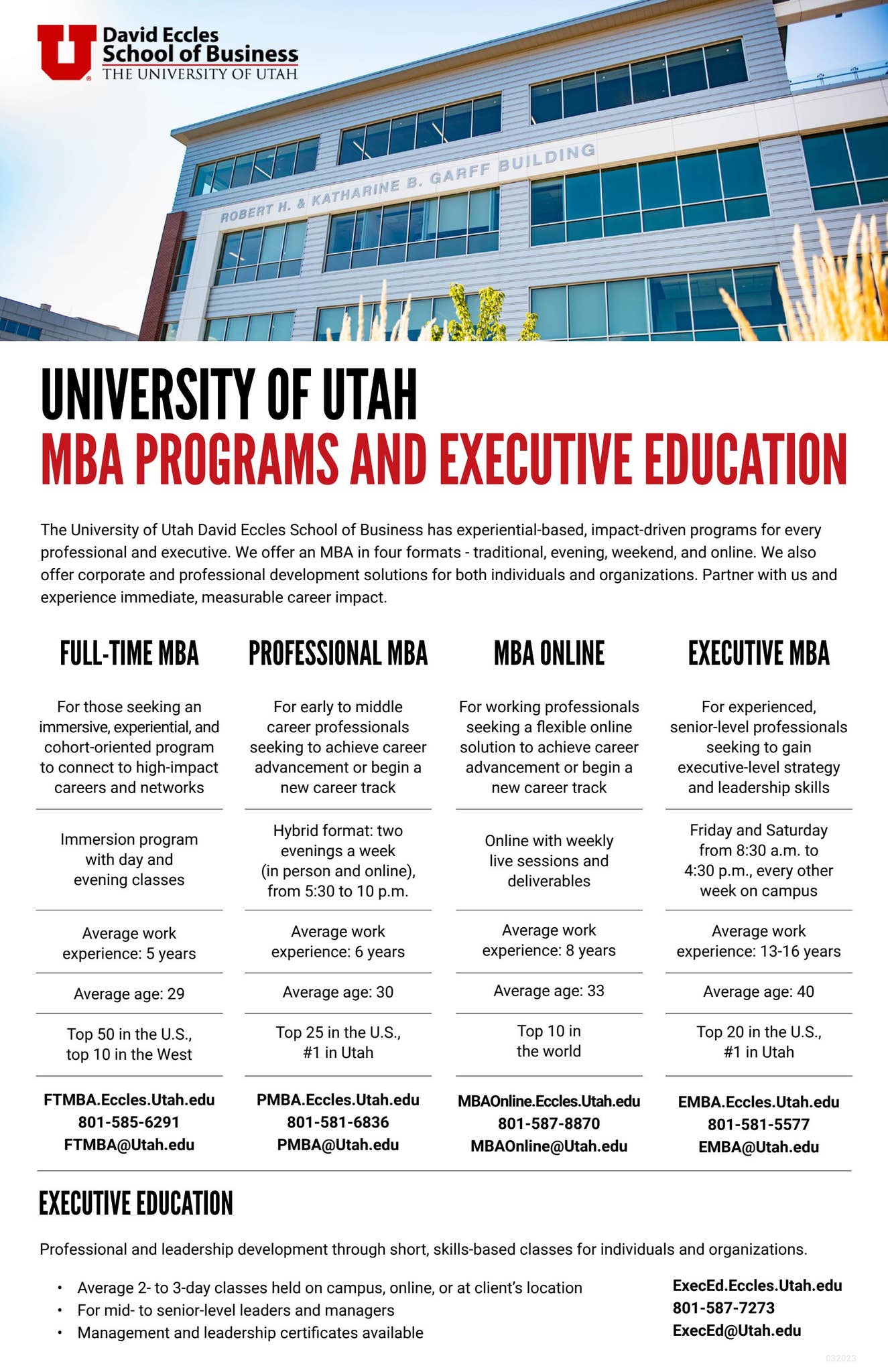 University of Utah MBA Programs and Executive Education At a Glance by ...