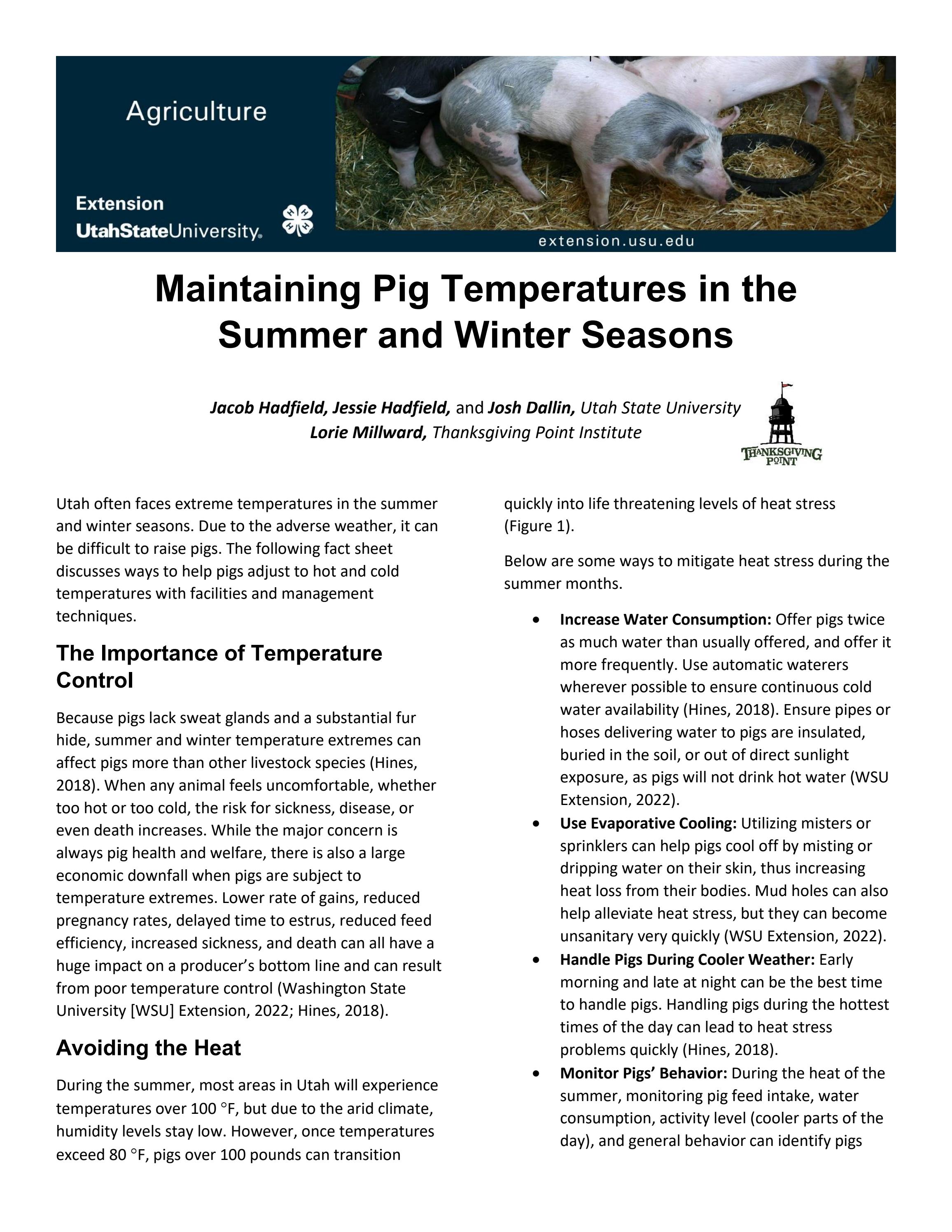 Maintaining Pig Temperatures in the Summer and Winter Seasons by Utah ...