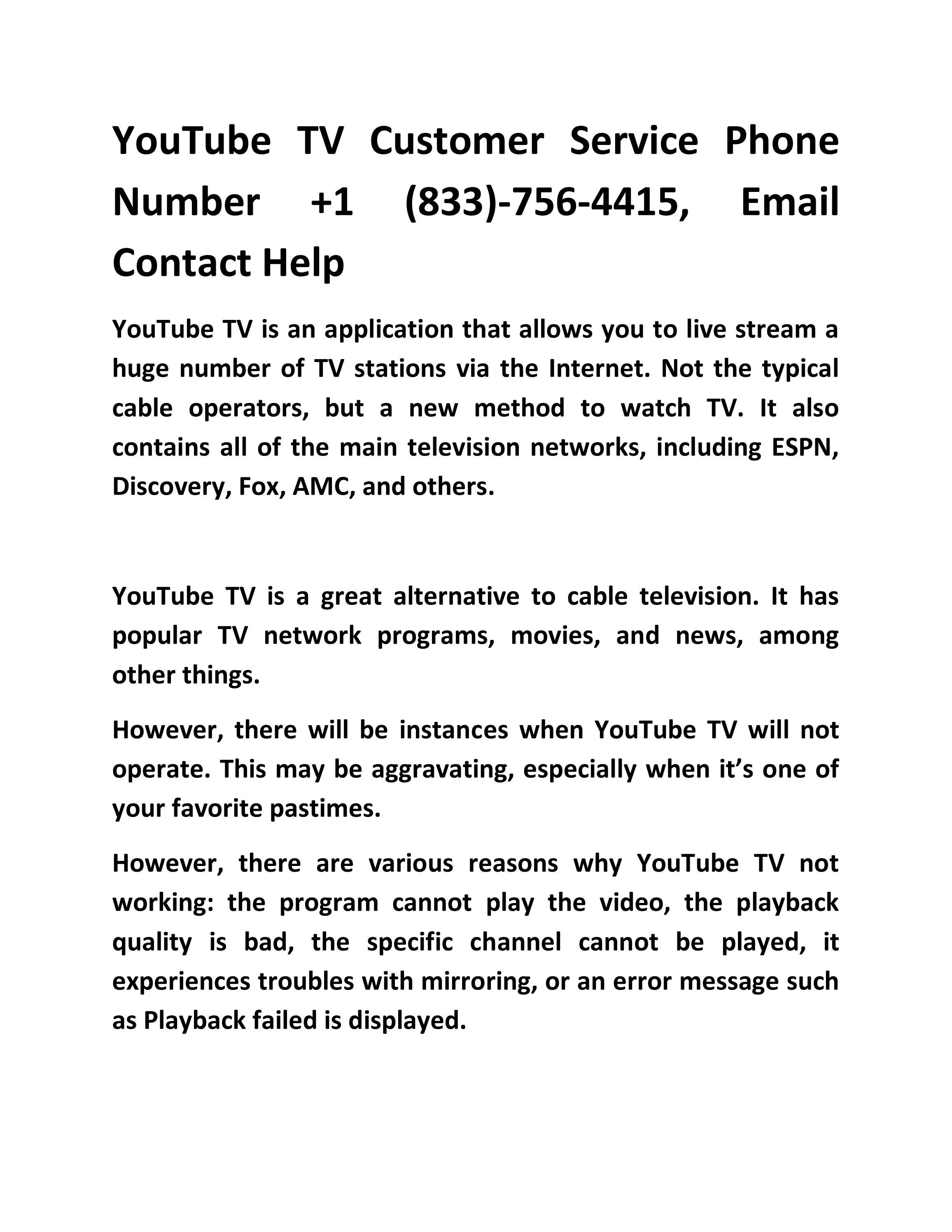 YouTube TV Customer Service Phone Number 1 833 756 4415 Email Contact
