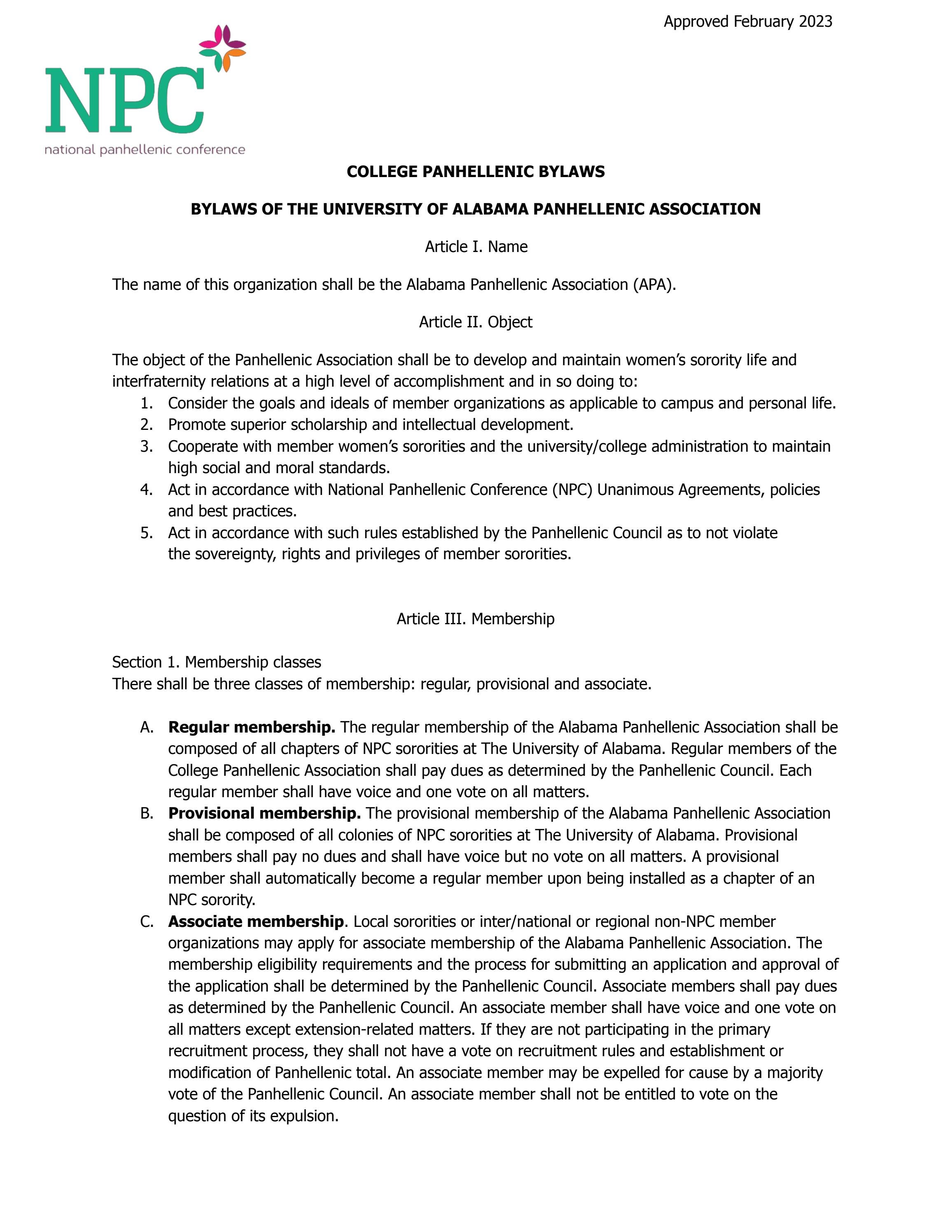 APA Bylaws - Approved 02/2023 by Alabama Panhellenic Association - Issuu