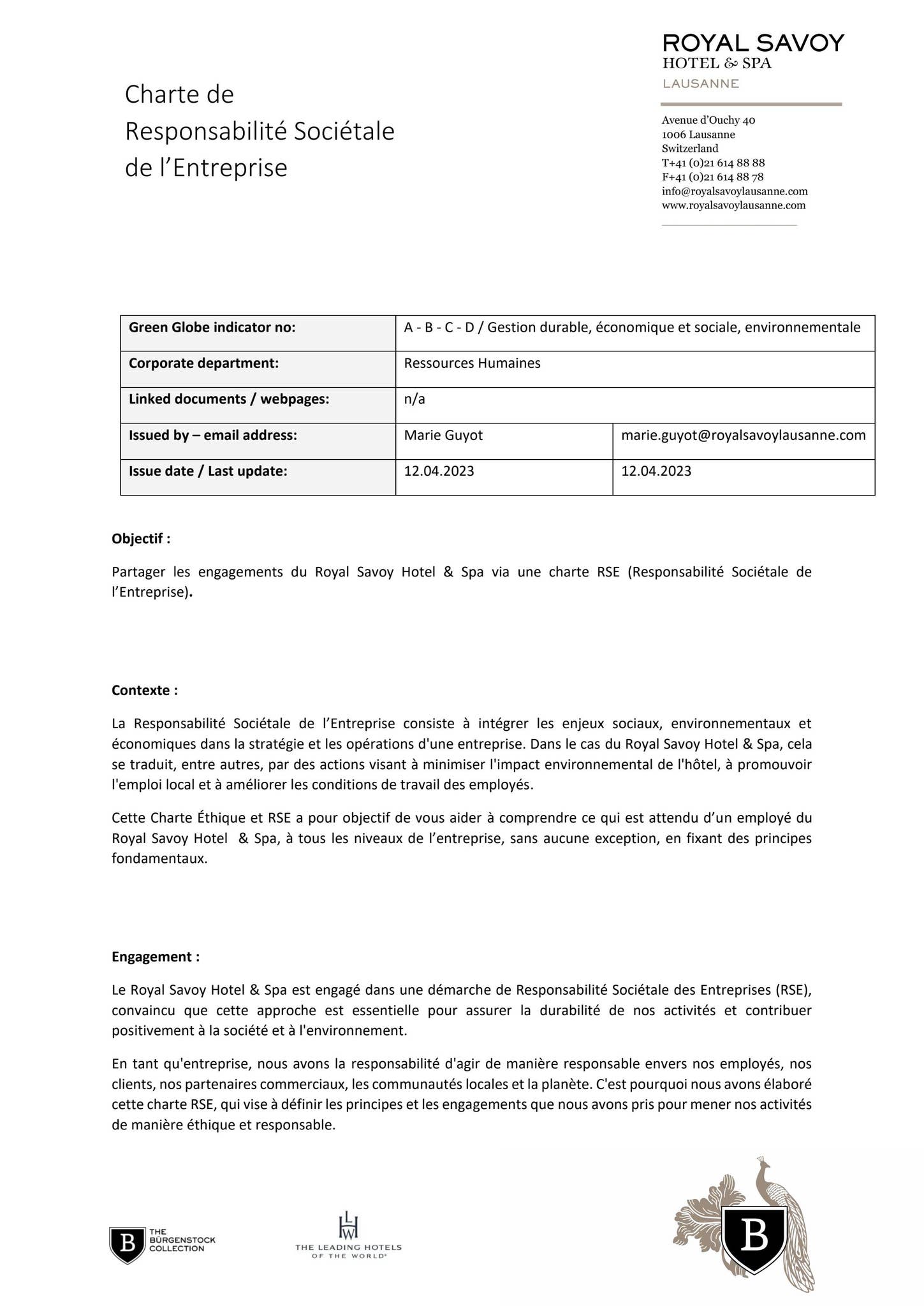 Charte RSE RSL by Royal Savoy Hotel & Spa, Lausanne - Issuu