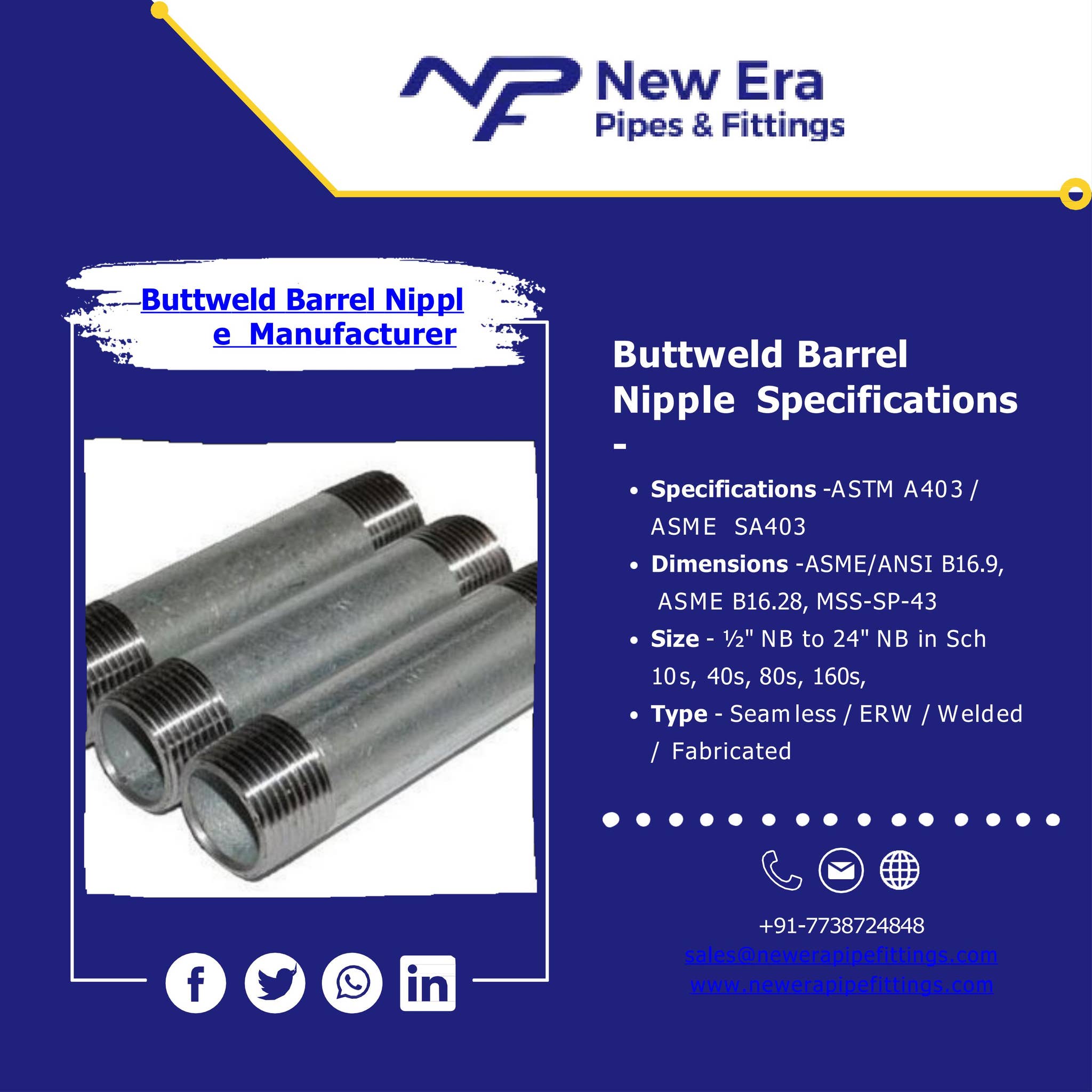 Barrel Nipple | Buttweld Short Stub End | Pipe Fittings - New Era Pipes ...