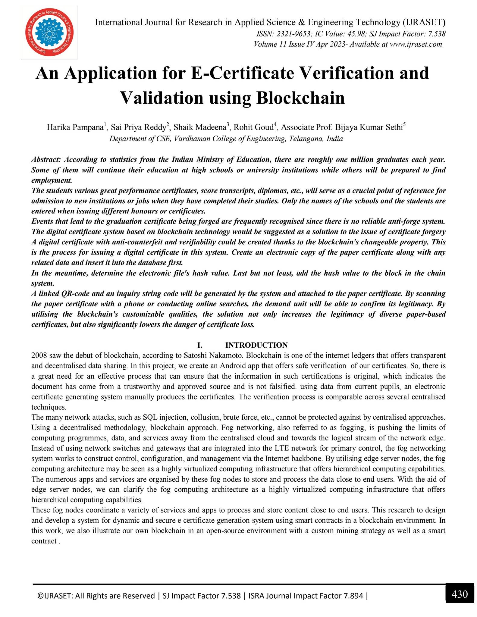 An Application for E-Certificate Verification and Validation using Blockchain by IJRASET - Issuu