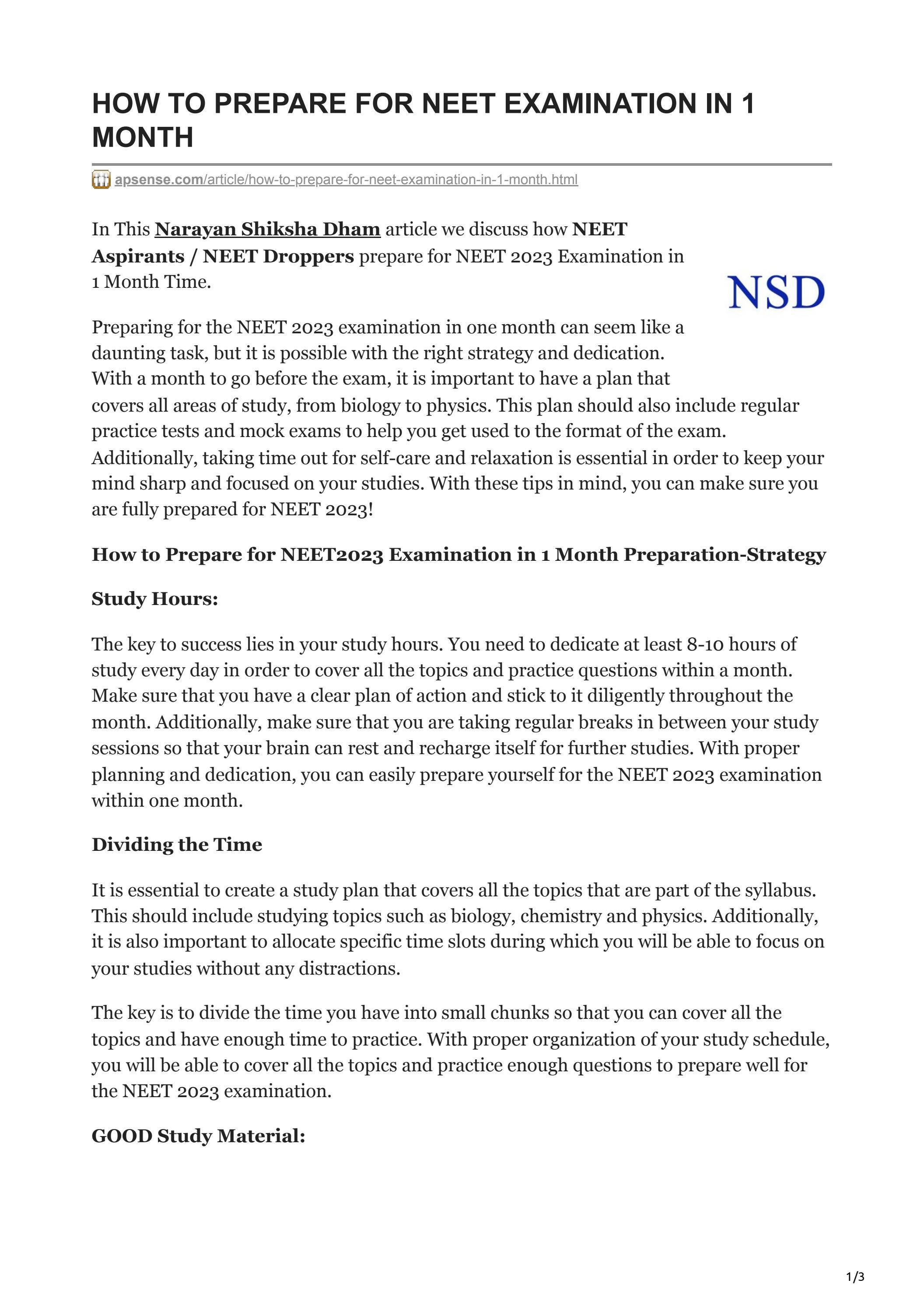 HOW TO PREPARE FOR NEET EXAMINATION IN 1 MONTH By NarayanShiksha Dham how-to-prepare-for-neet-examination-in-1-month-by-narayanshiksha-dham