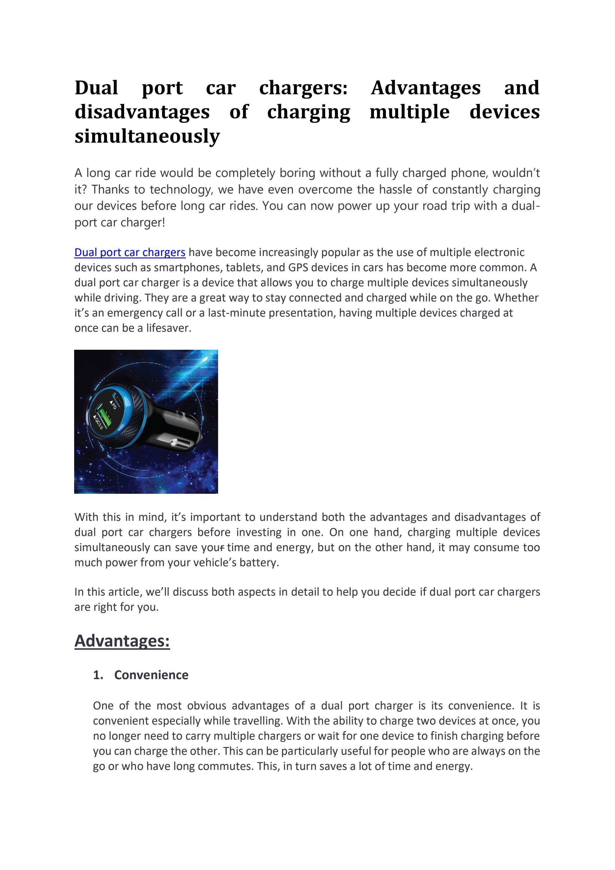 Dual port car chargers: Advantages and disadvantages of charging ...