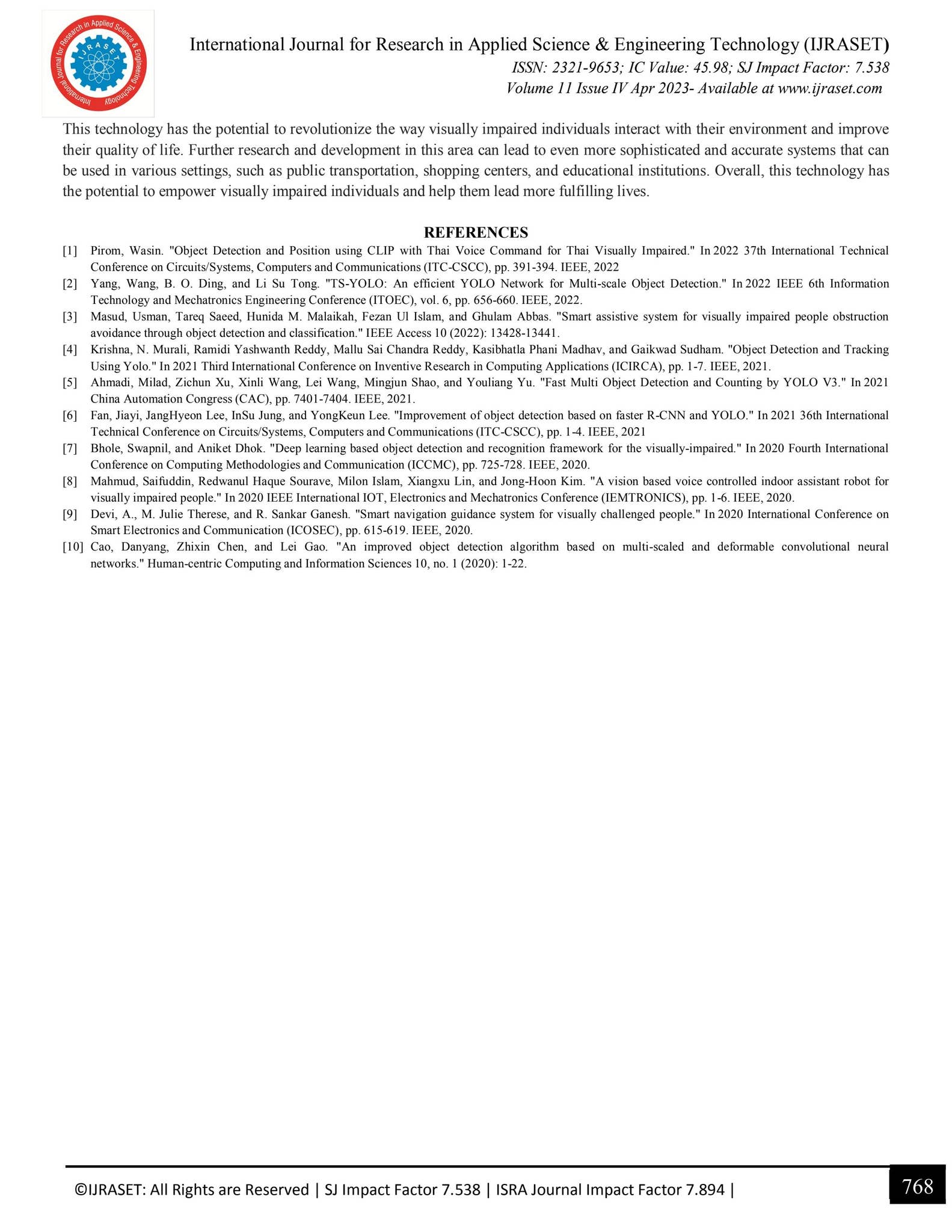 Object Detection with Voice Guidance to Assist Visually Impaired Using Yolov7 by IJRASET - Issuu