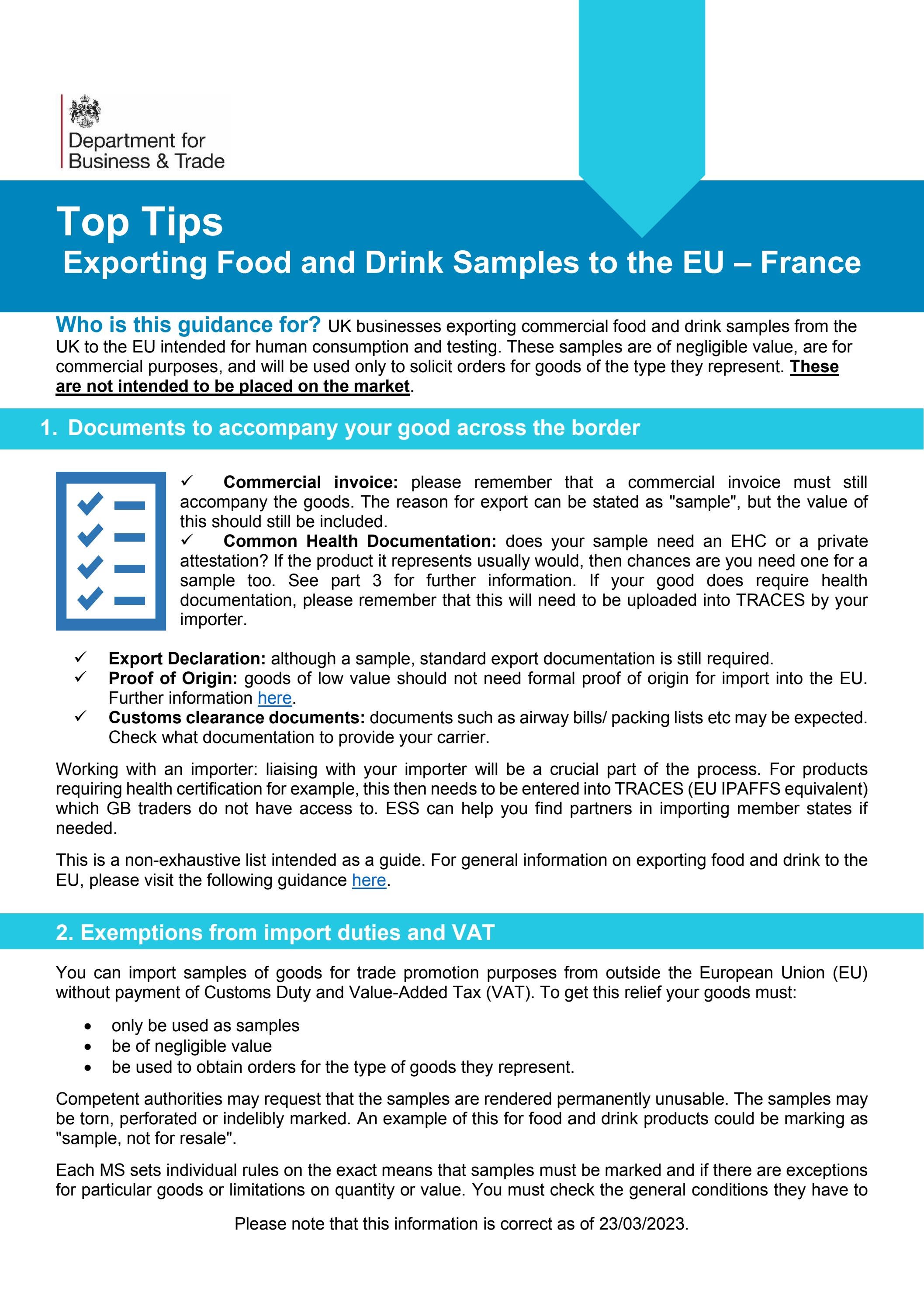 Exporting food and drink samples to France by Department for Business ...