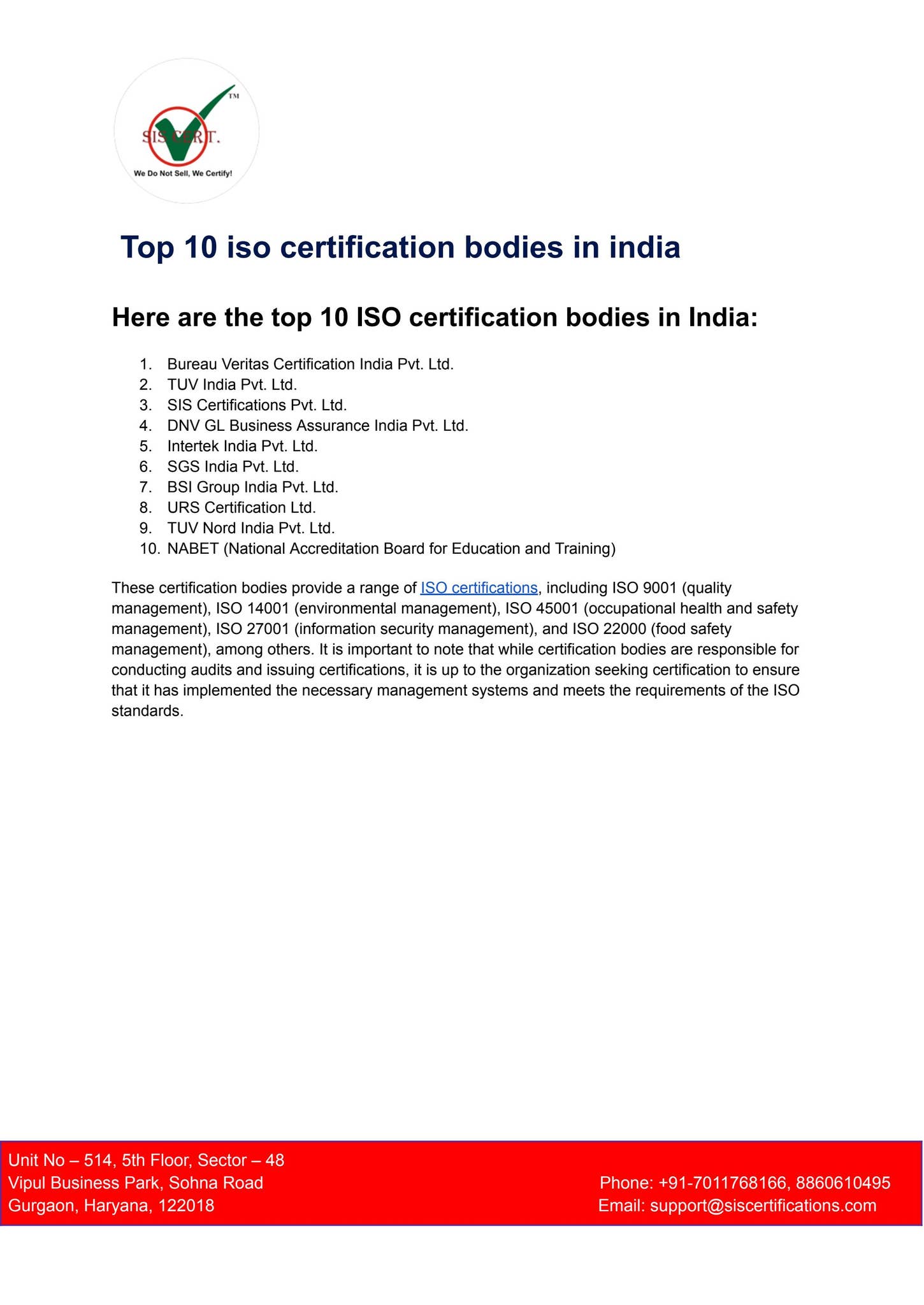 Top 10 iso certification bodies in india by SIS Certifications - Issuu