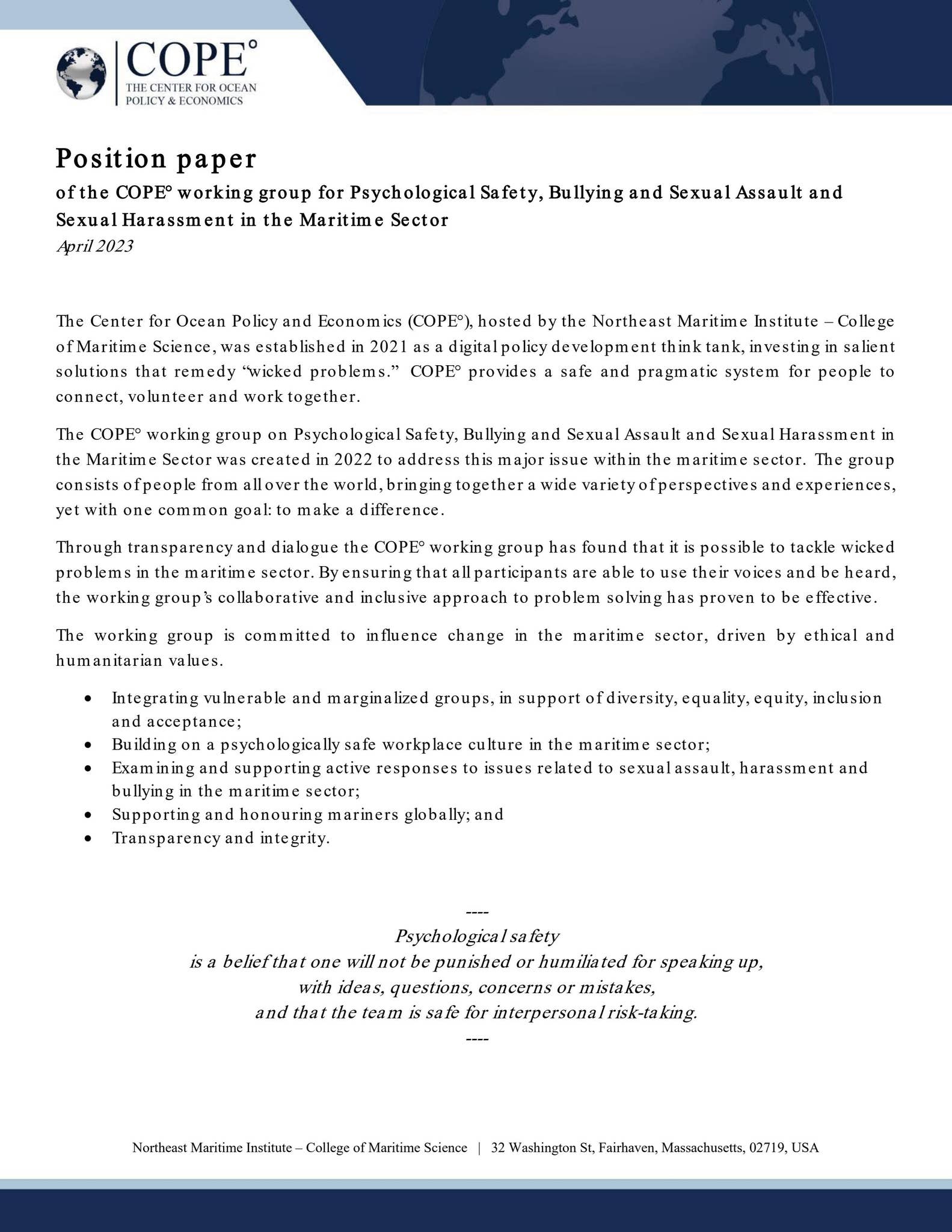 Position Paper: COPE° Working Group for Psychological Safety, Bullying ...