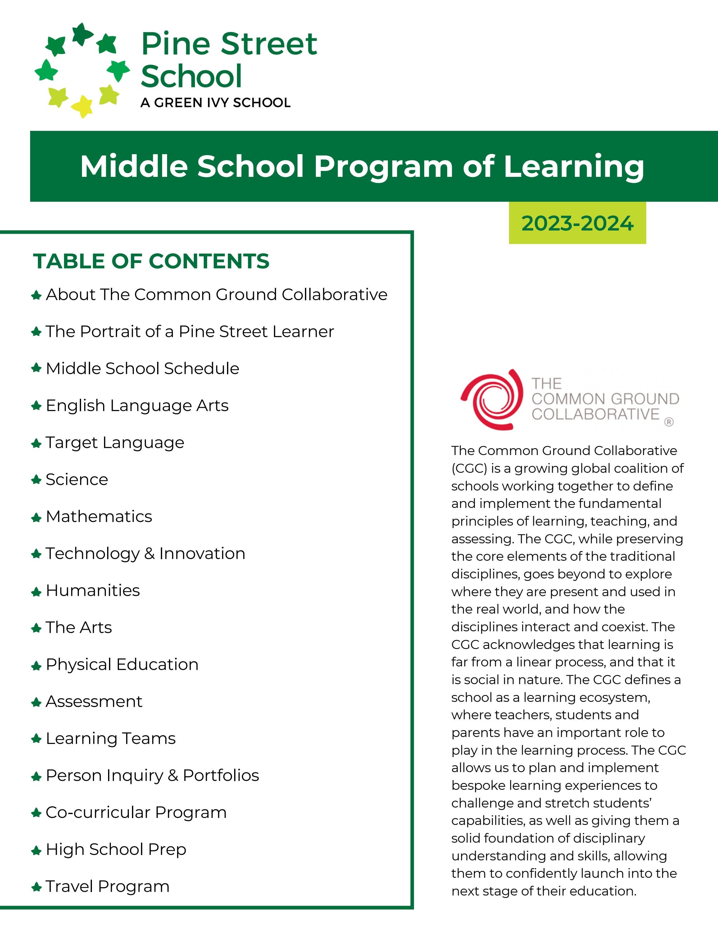 Pine Street Middle School Program of Learning 2023-2024 by greenivy.com ...