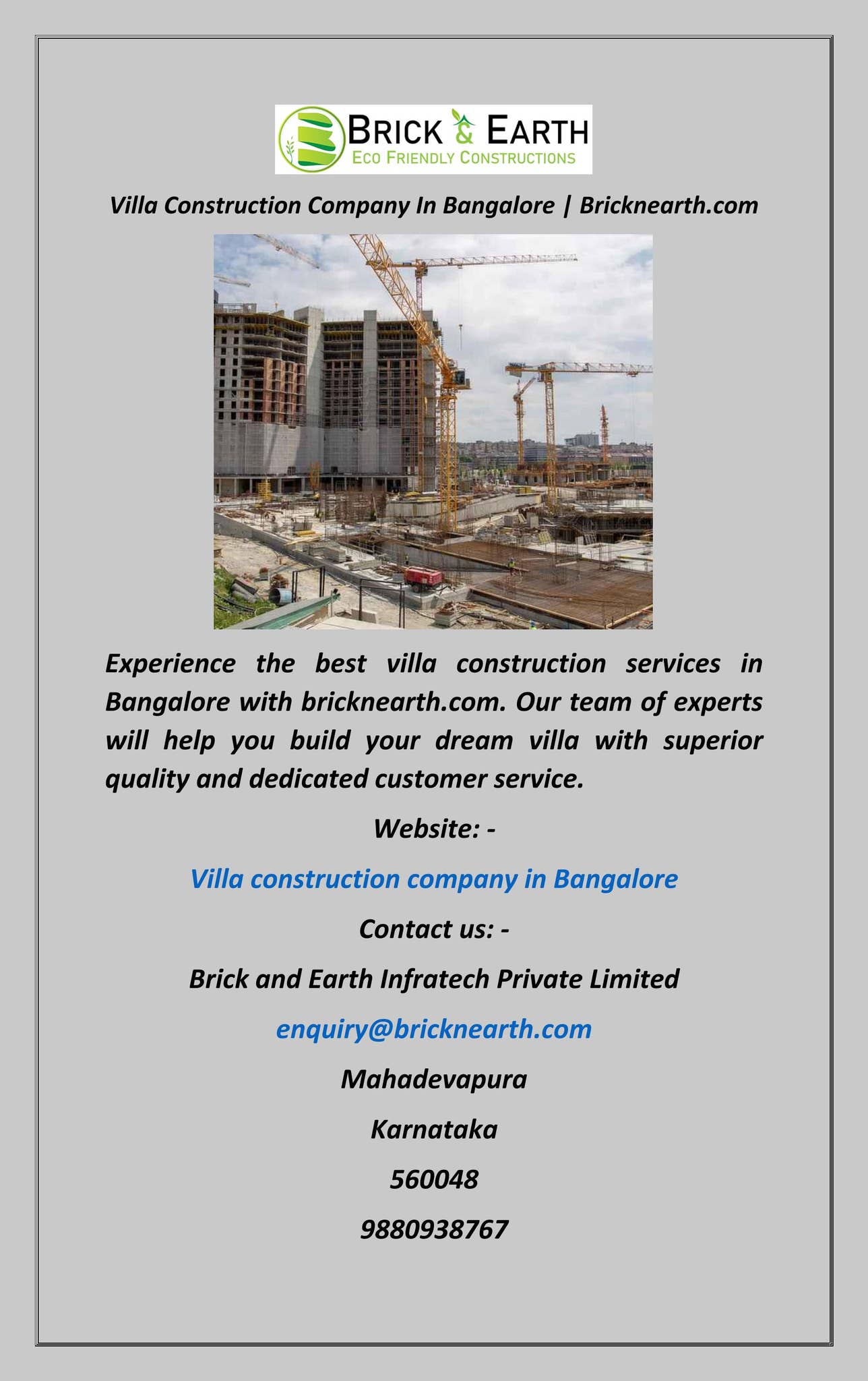Villa Construction Company In Bangalore | Bricknearth.com by Brick and ...