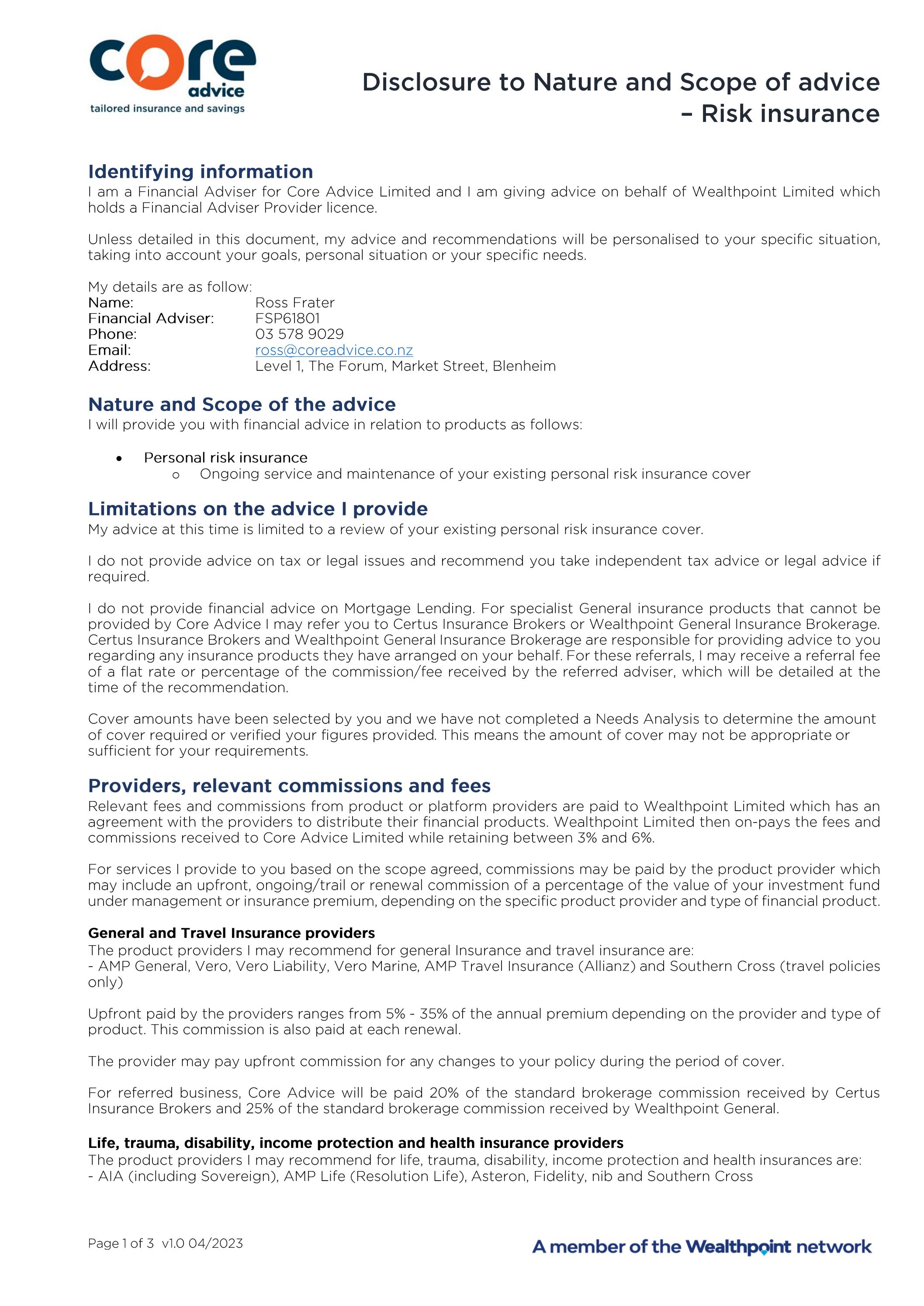 Disclosure to Nature and Scope of Advice - Risk insurance v1.0 04/2023 ...