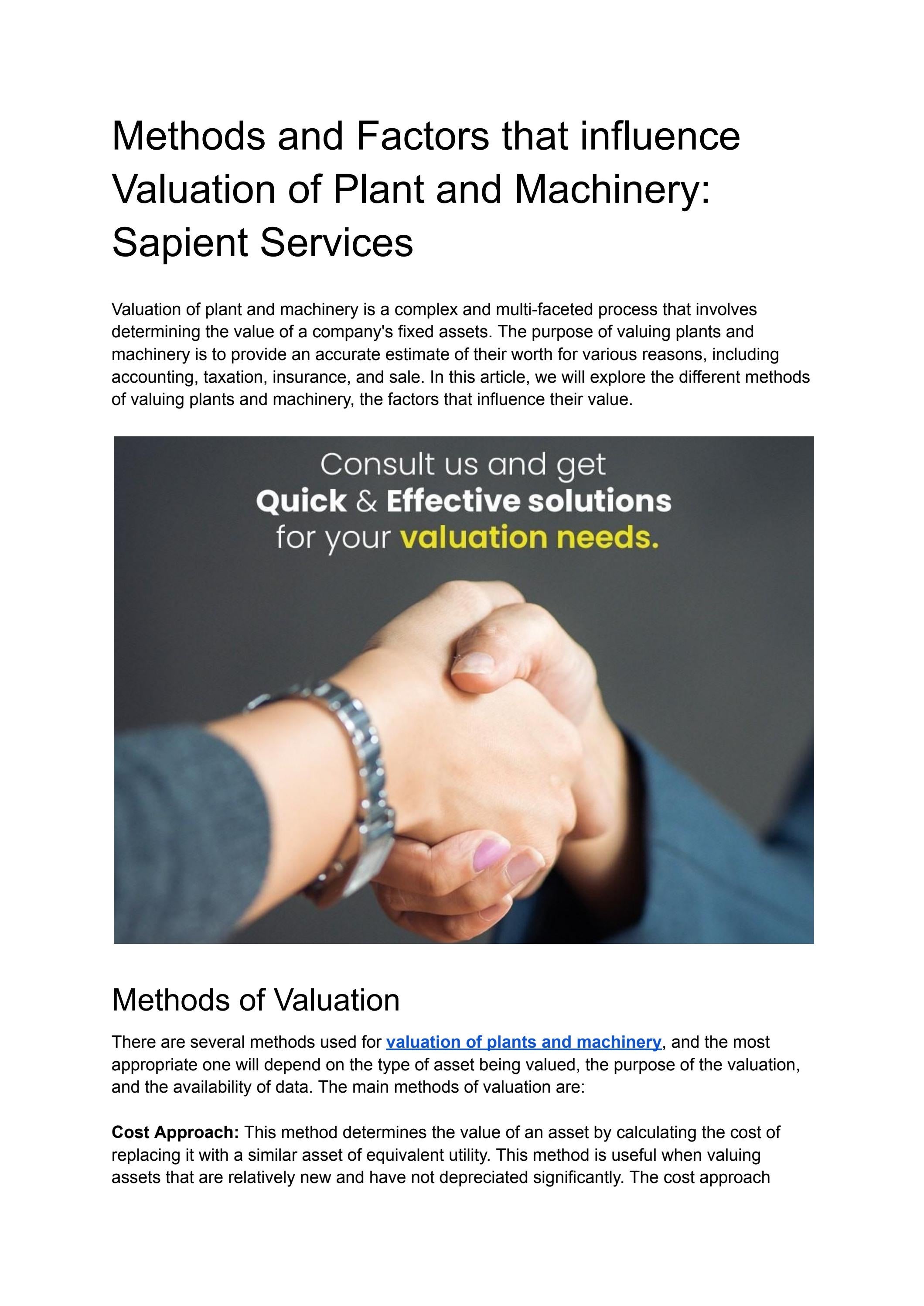 Methods and Factors that influence Valuation of Plant and Machinery ...