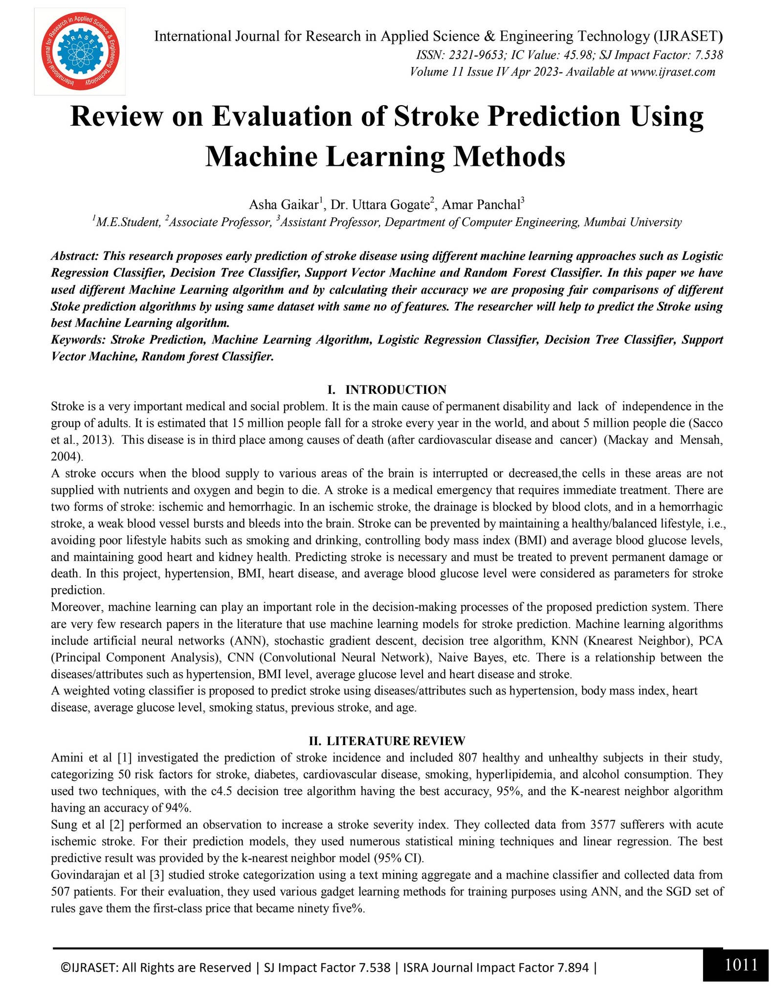 Review on Evaluation of Stroke Prediction Using Machine Learning ...