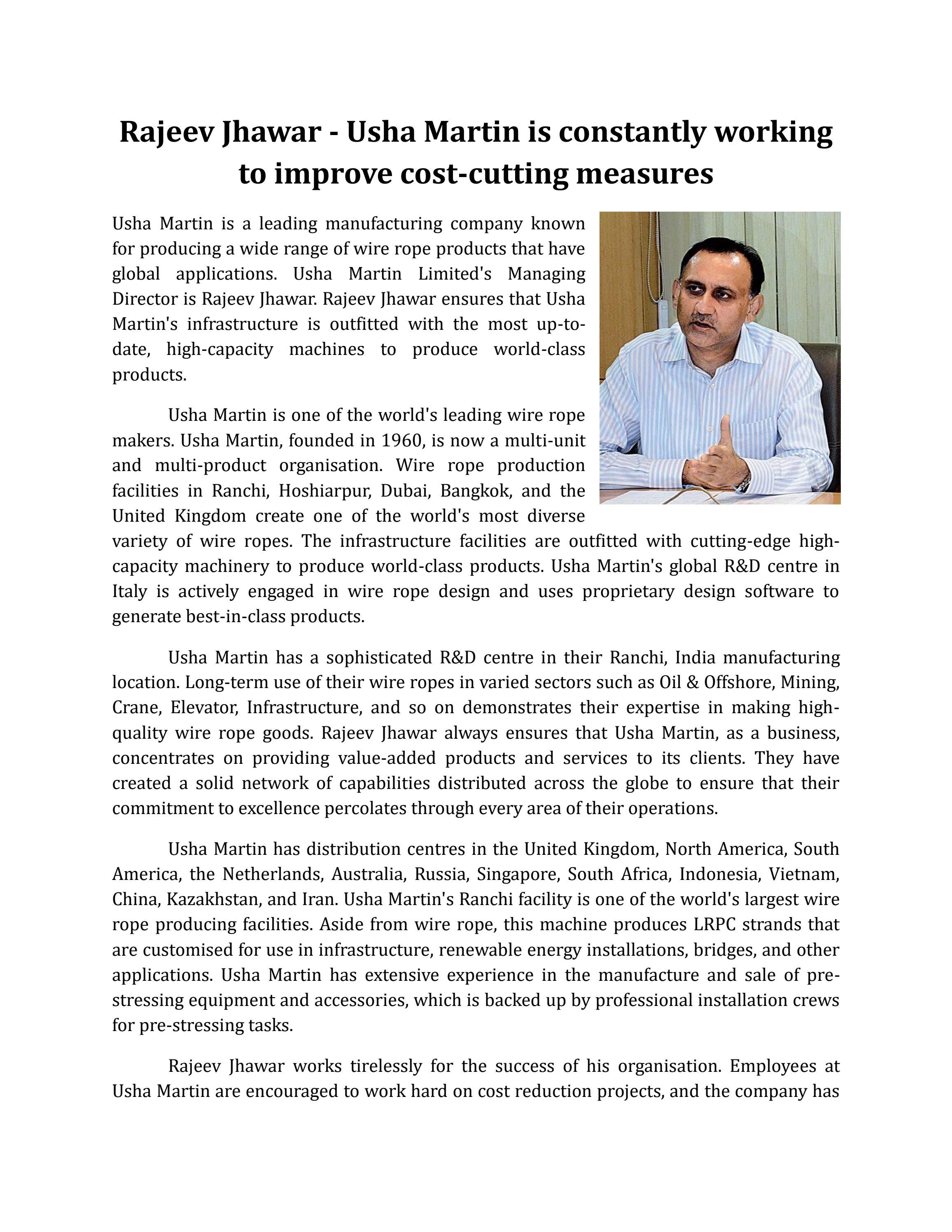 Rajeev Jhawar - Usha Martin is constantly working to improve cost ...