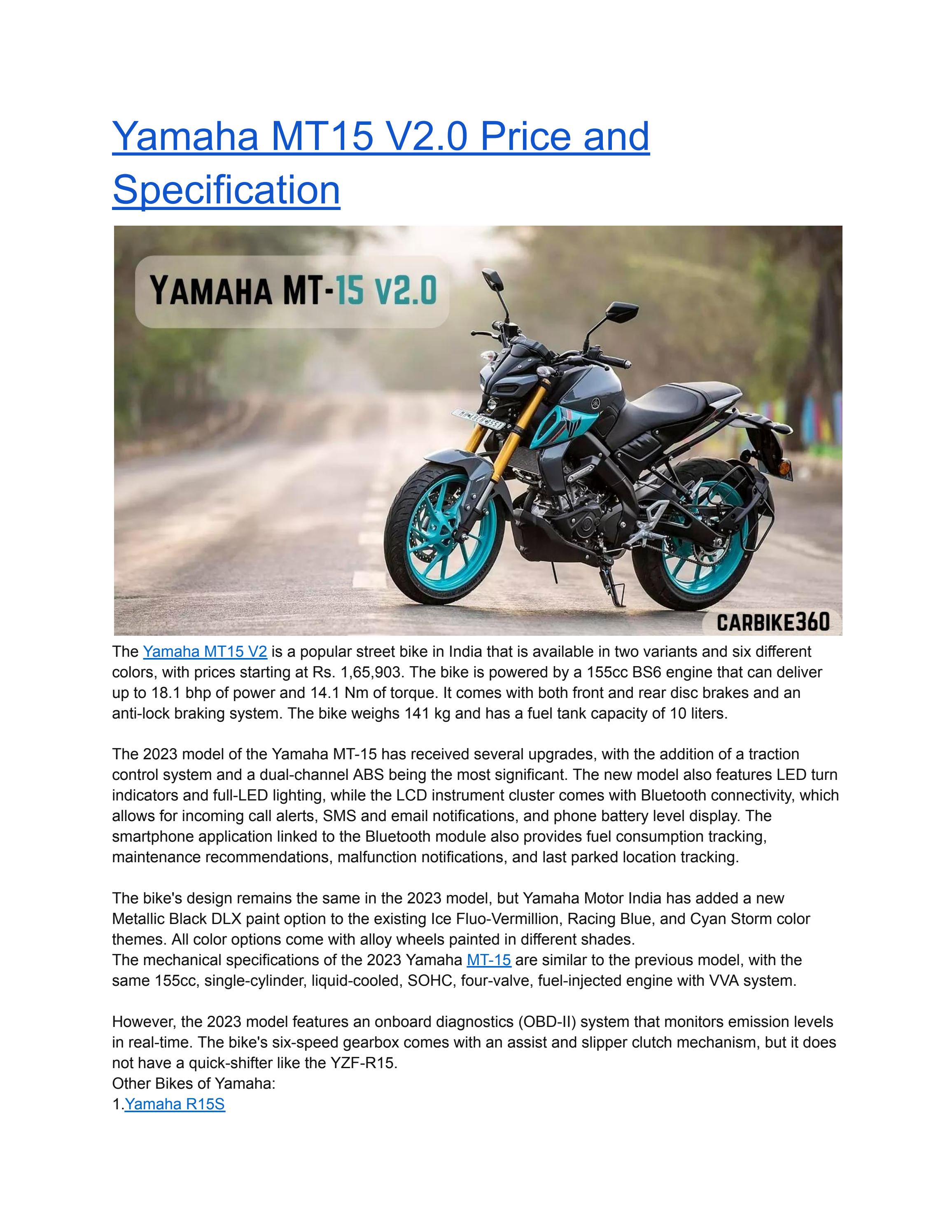 Yamaha MT15 V2 0 Price And Specification By Car Bike 360 Issuu Yamaha MT15 V2 0 Price And Specification By Car Bike 360 Issuu