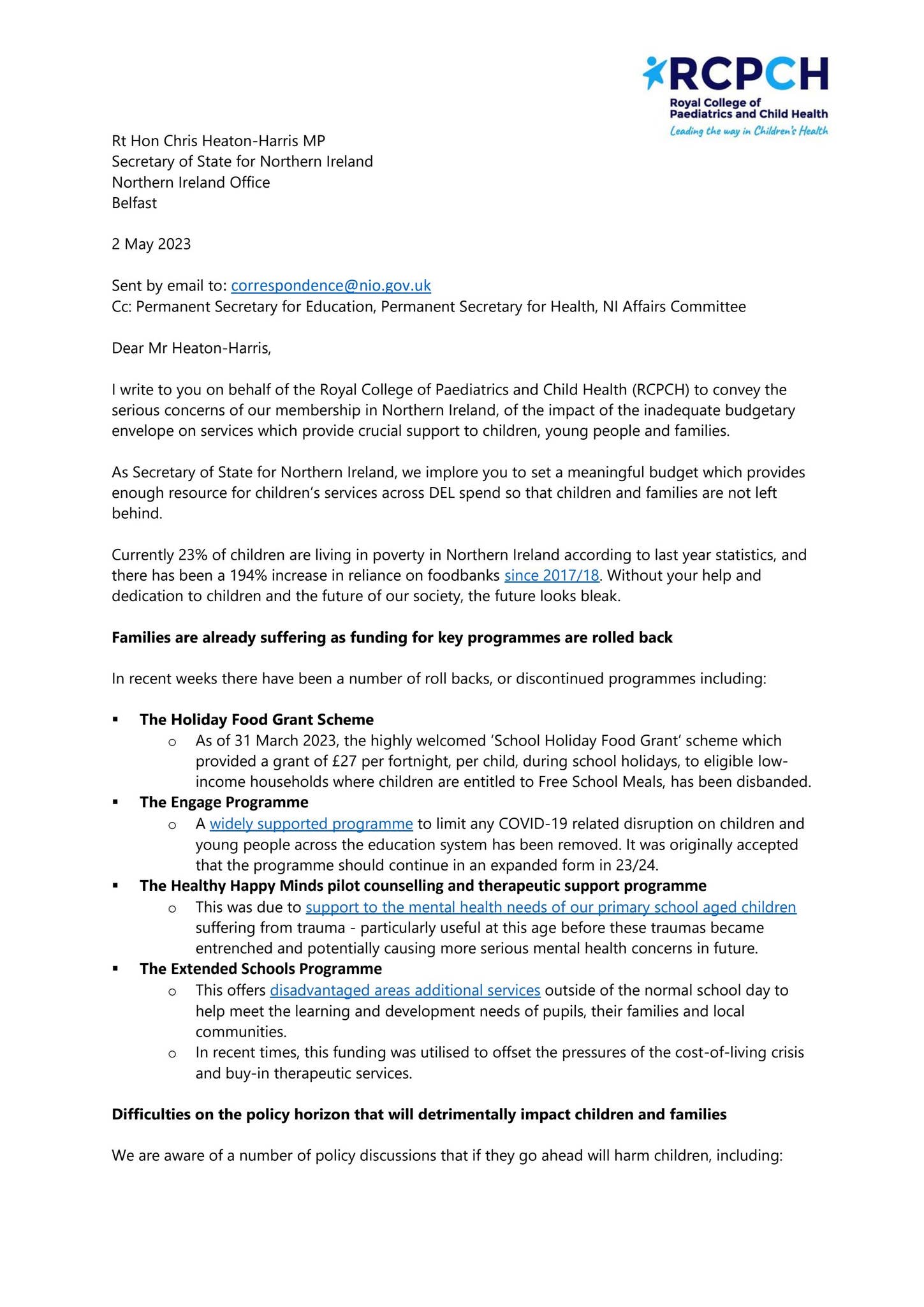 RCPCH letter to Northern Ireland Secretary of State on Budget Act's ...