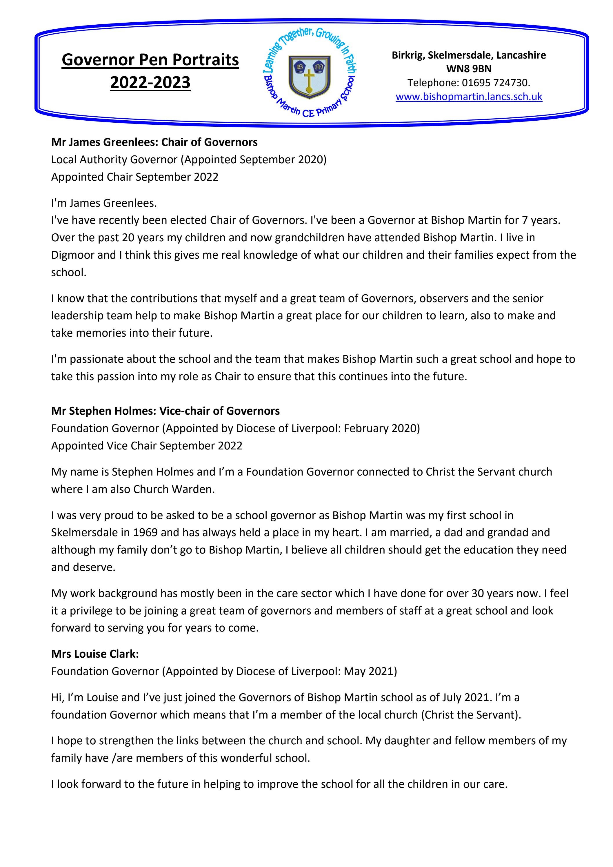 Governor Pen Portraits 2022-23 by Schudio - Issuu