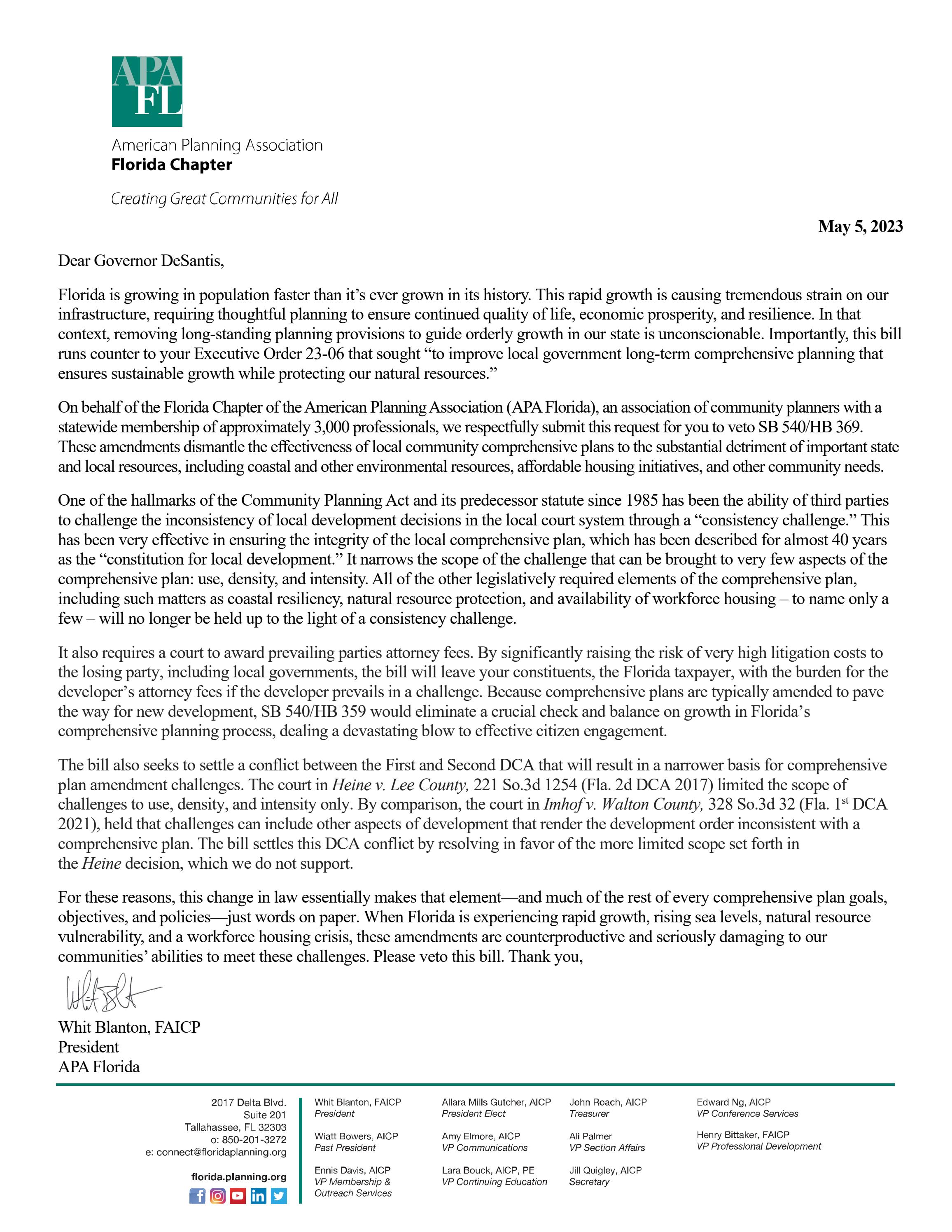 Veto SB 540 Letter to Gov. DeSantis by APA Florida - Issuu
