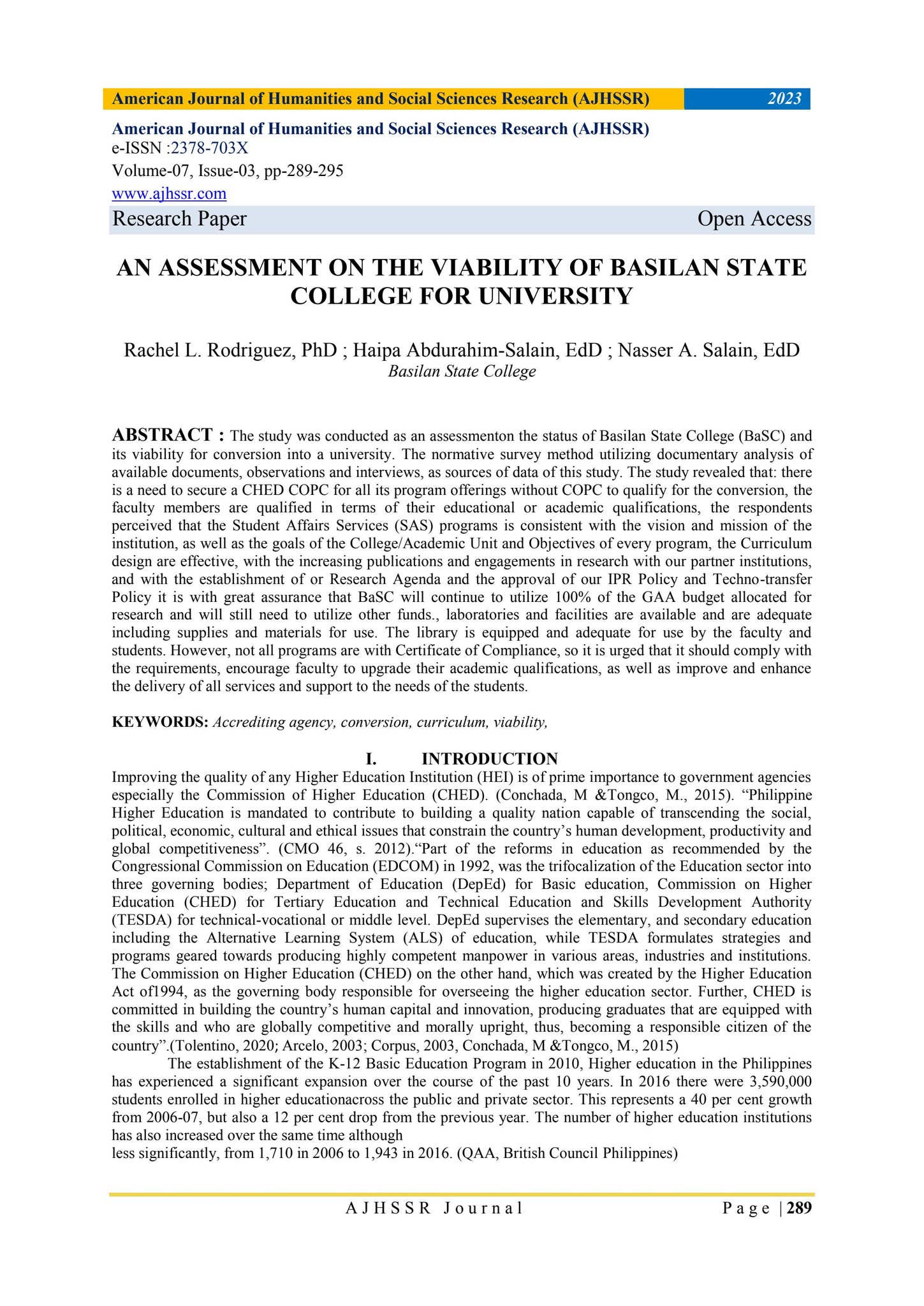 AN ASSESSMENT ON THE VIABILITY OF BASILAN STATE COLLEGE FOR UNIVERSITY ...