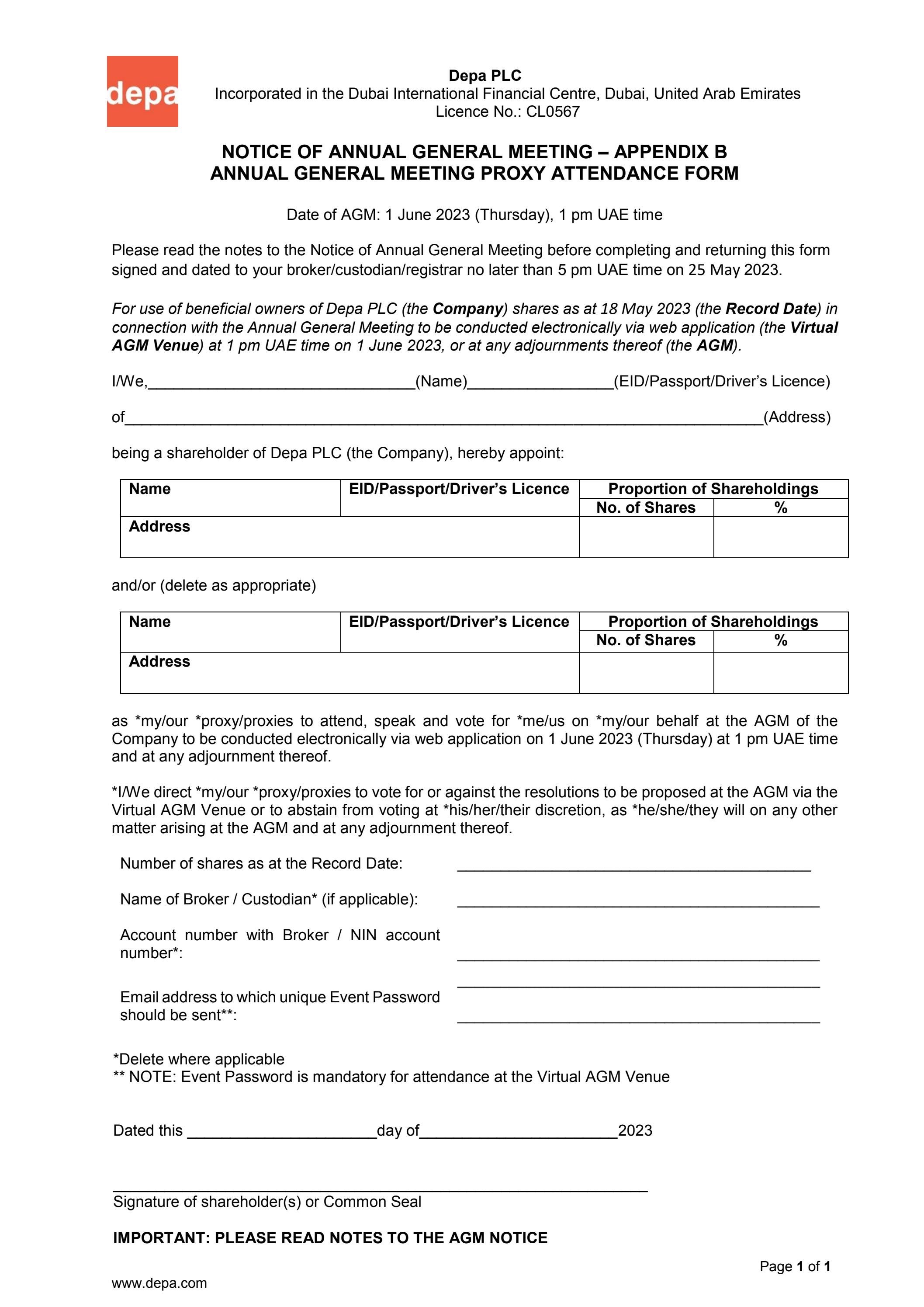 Depa PLC FY 2023 Notice of AGM – Appendix B – Annual General Meeting ...