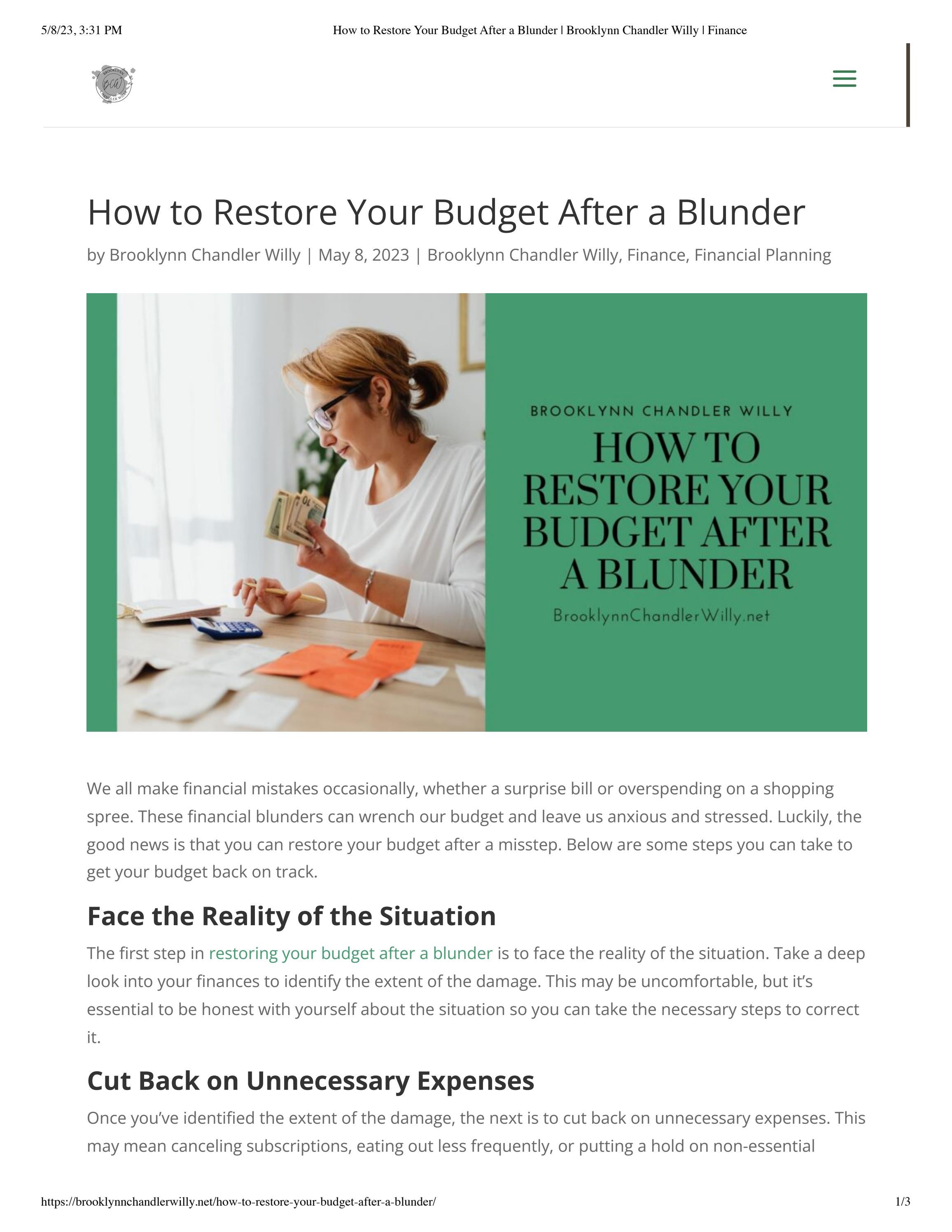 Brooklynn Chandler Willy | How to Restore Your Budget After a Blunder by Brooklynn Chandler ...