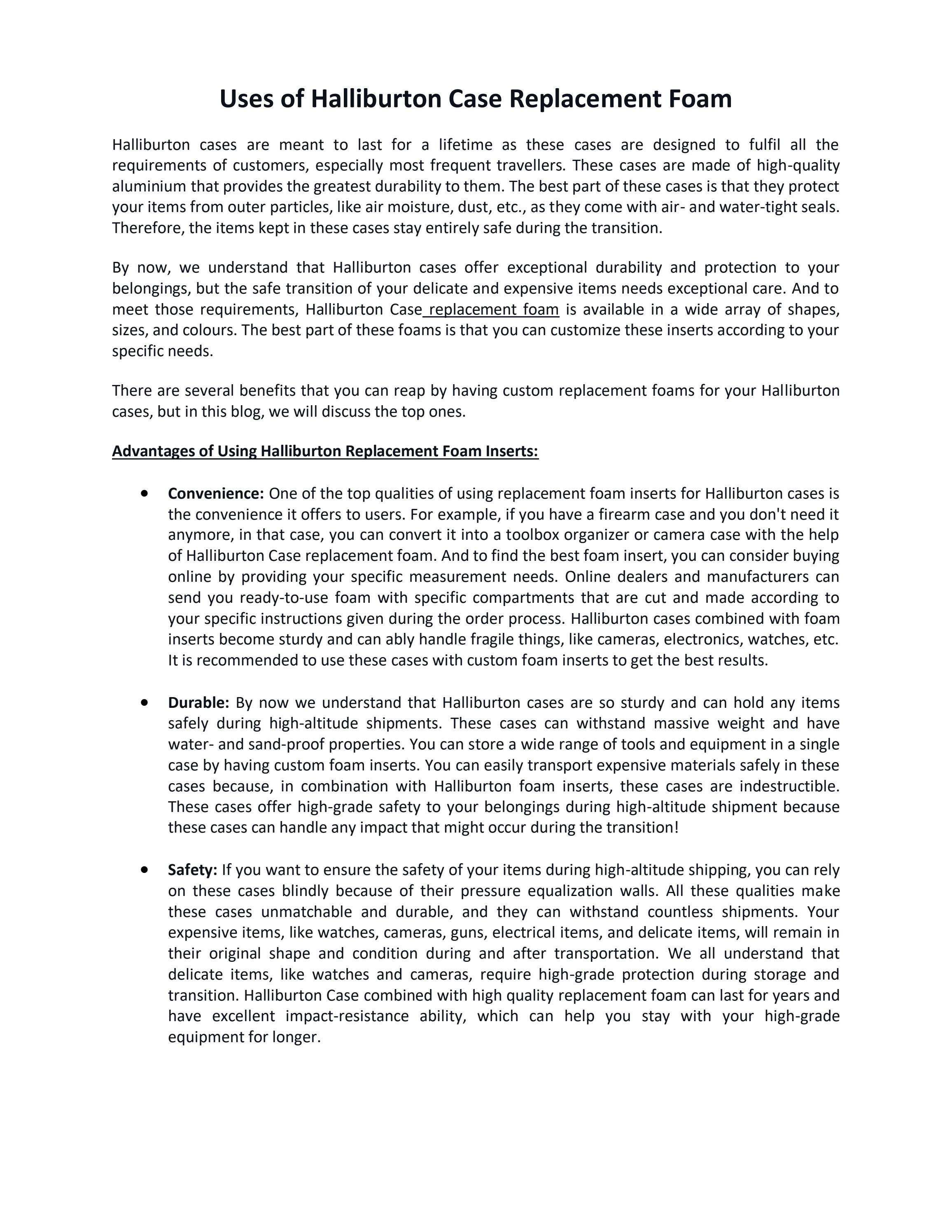 Uses of Halliburton Case Replacement Foam by cobrafoaminserts - Issuu