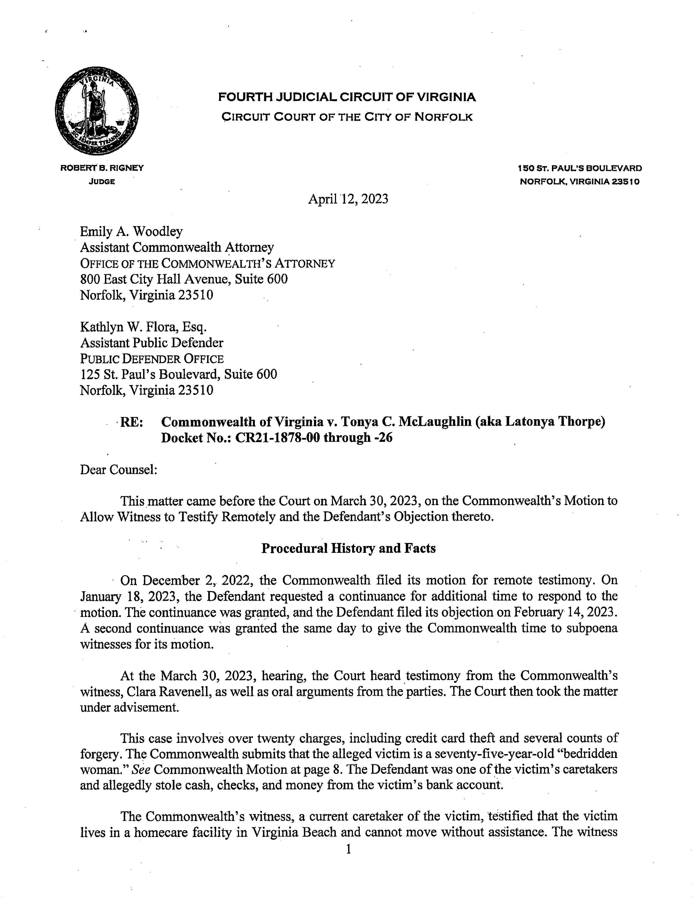 Commonwealth of Virginia v. Tonya C. McLaughlin by Norfolk Circuit ...