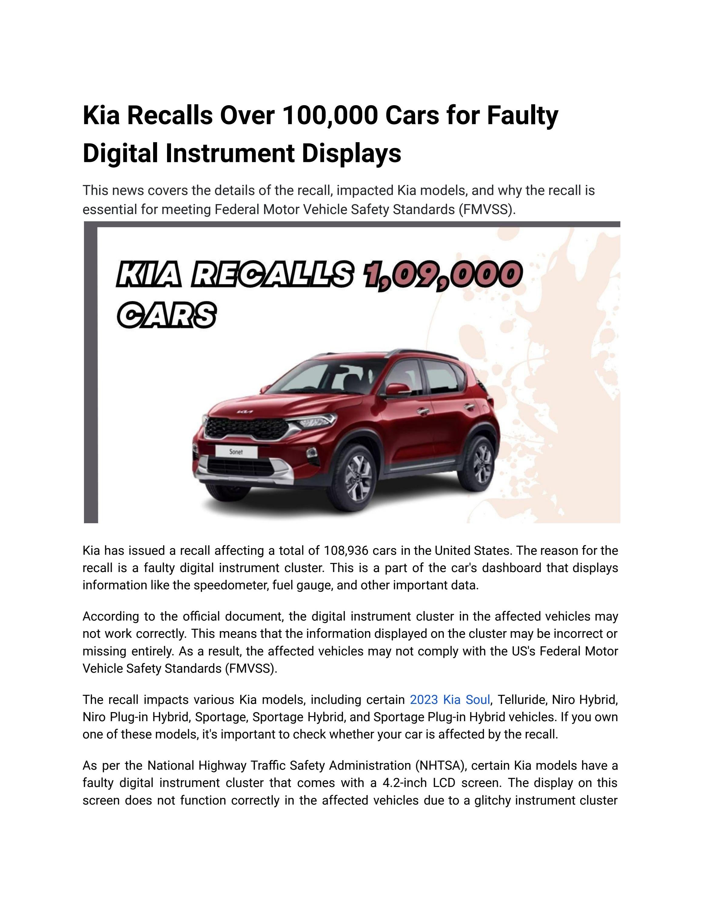 Kia Recalls Over 100,000 Cars for Faulty Digital Instrument Displays by ...
