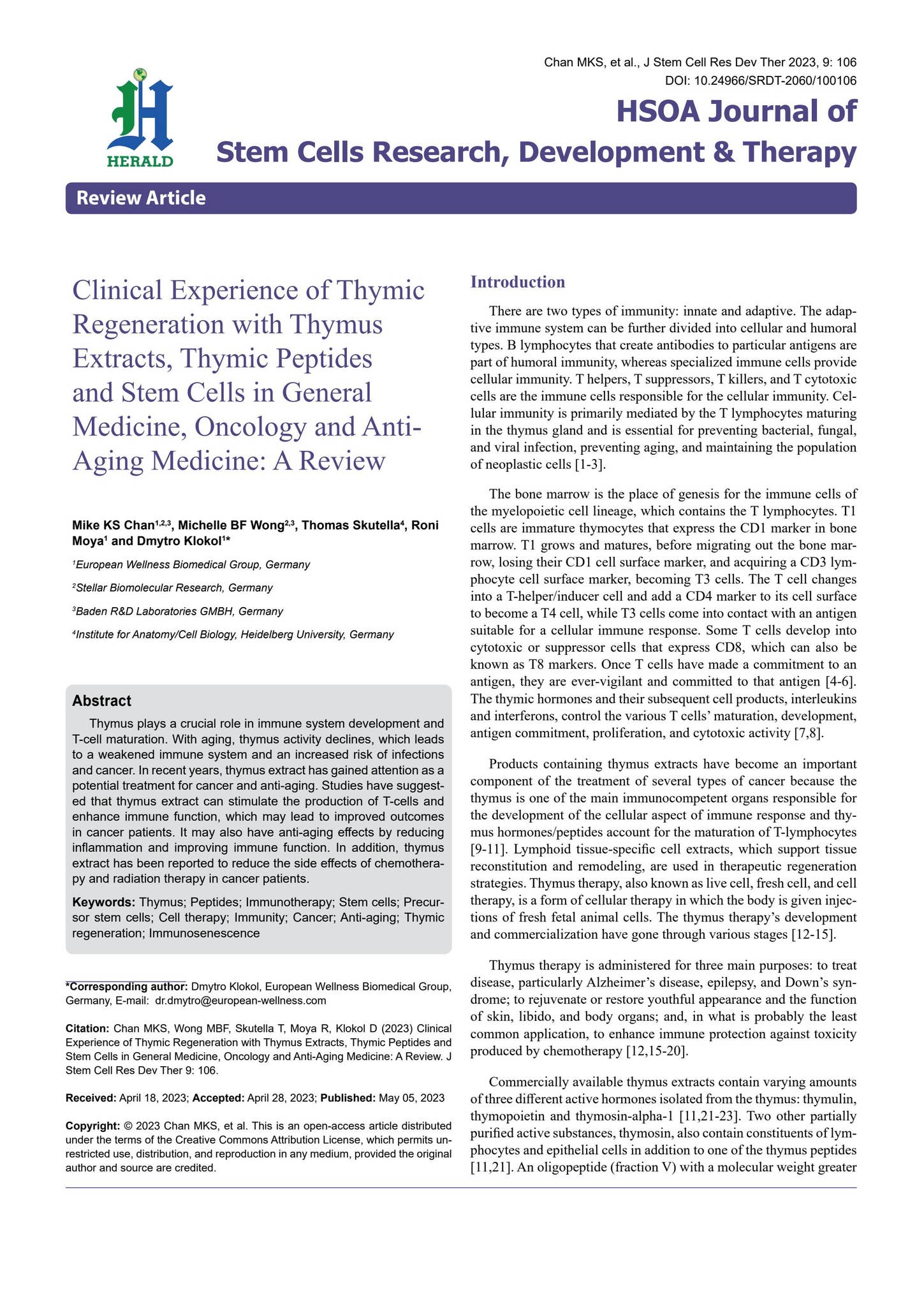 Clinical Experience of Thymic Regeneration with Thymus Extracts, Thymic ...