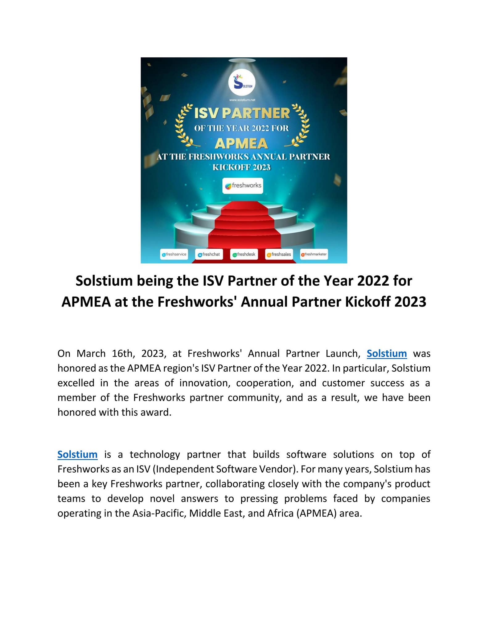 Solstium being the ISV Partner of the Year 2022 for APMEA at the ...