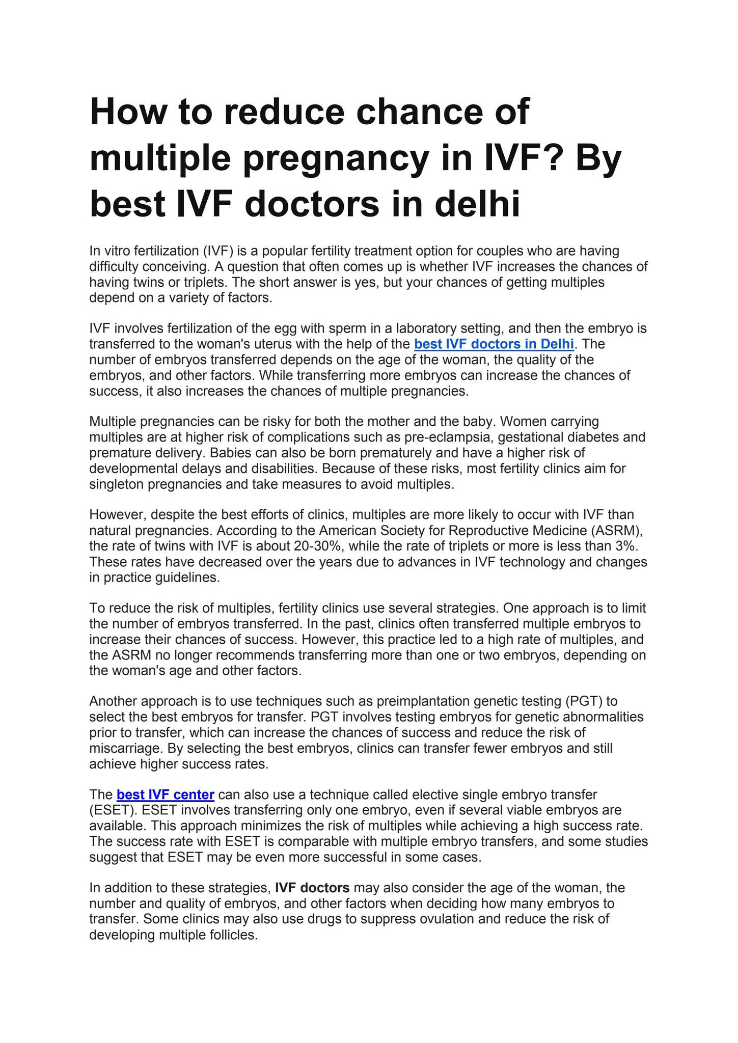 How to reduce chance of multiple pregnancy in IVF? By best IVF doctors ...