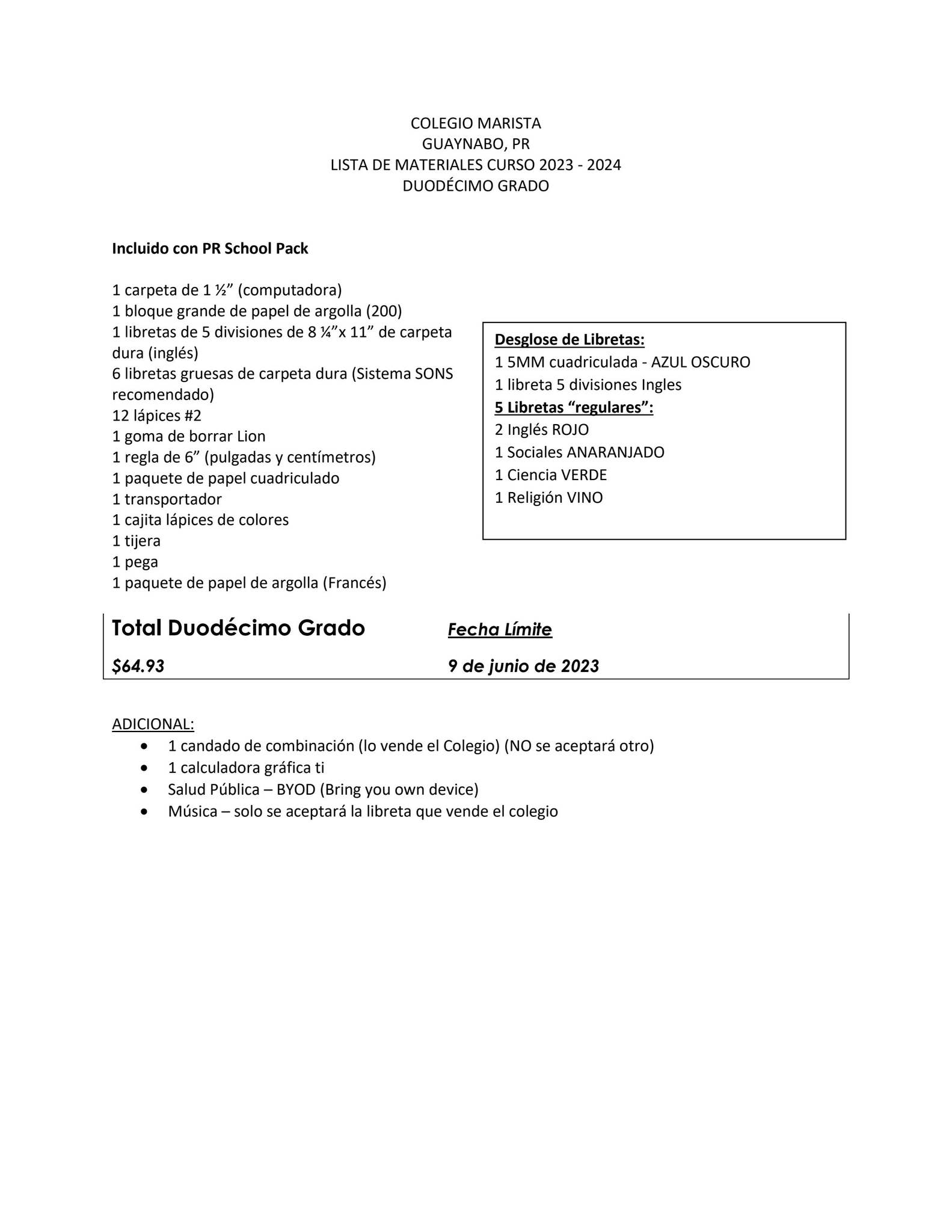 Listado de Materiales Duodécimo Grado by maristasguaynabo - Issuu