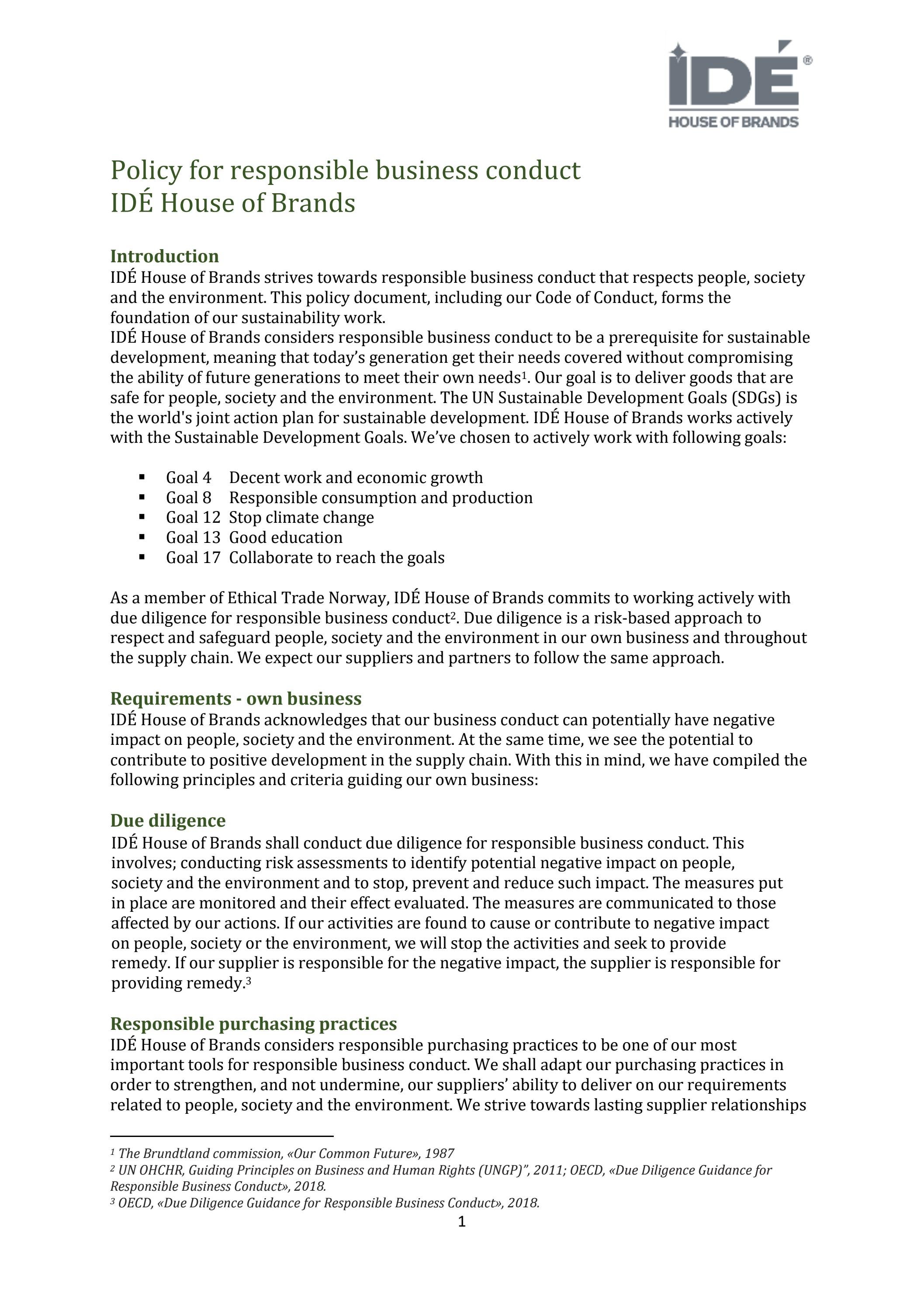 Policy for responsible business conduct with CoC by IDE House of Brands ...