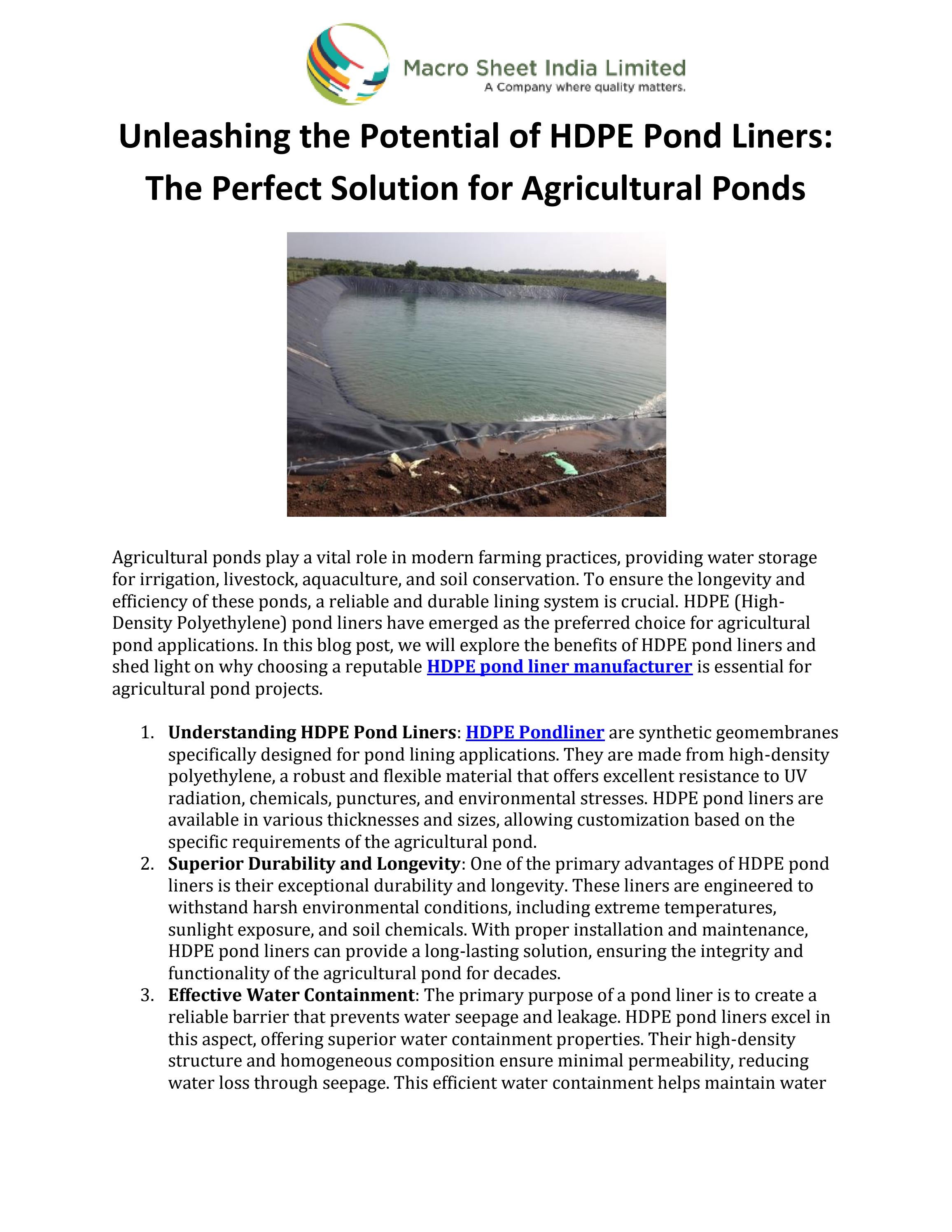 Unleashing the Potential of HDPE Pond Liners: The Perfect Solution for ...
