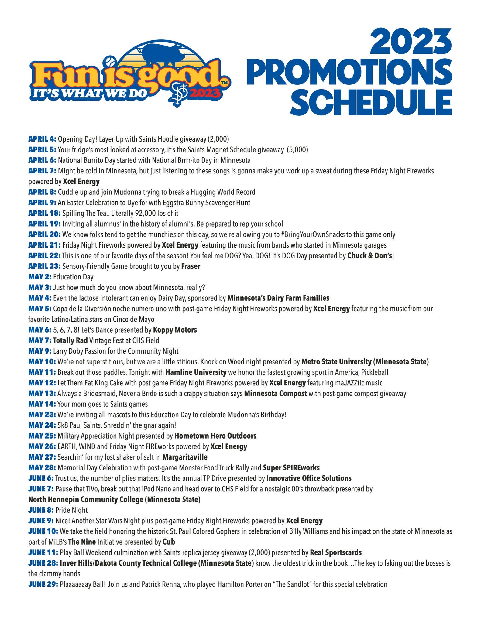 2023 Printable Promotions Schedule by stpaulsaints - Issuu