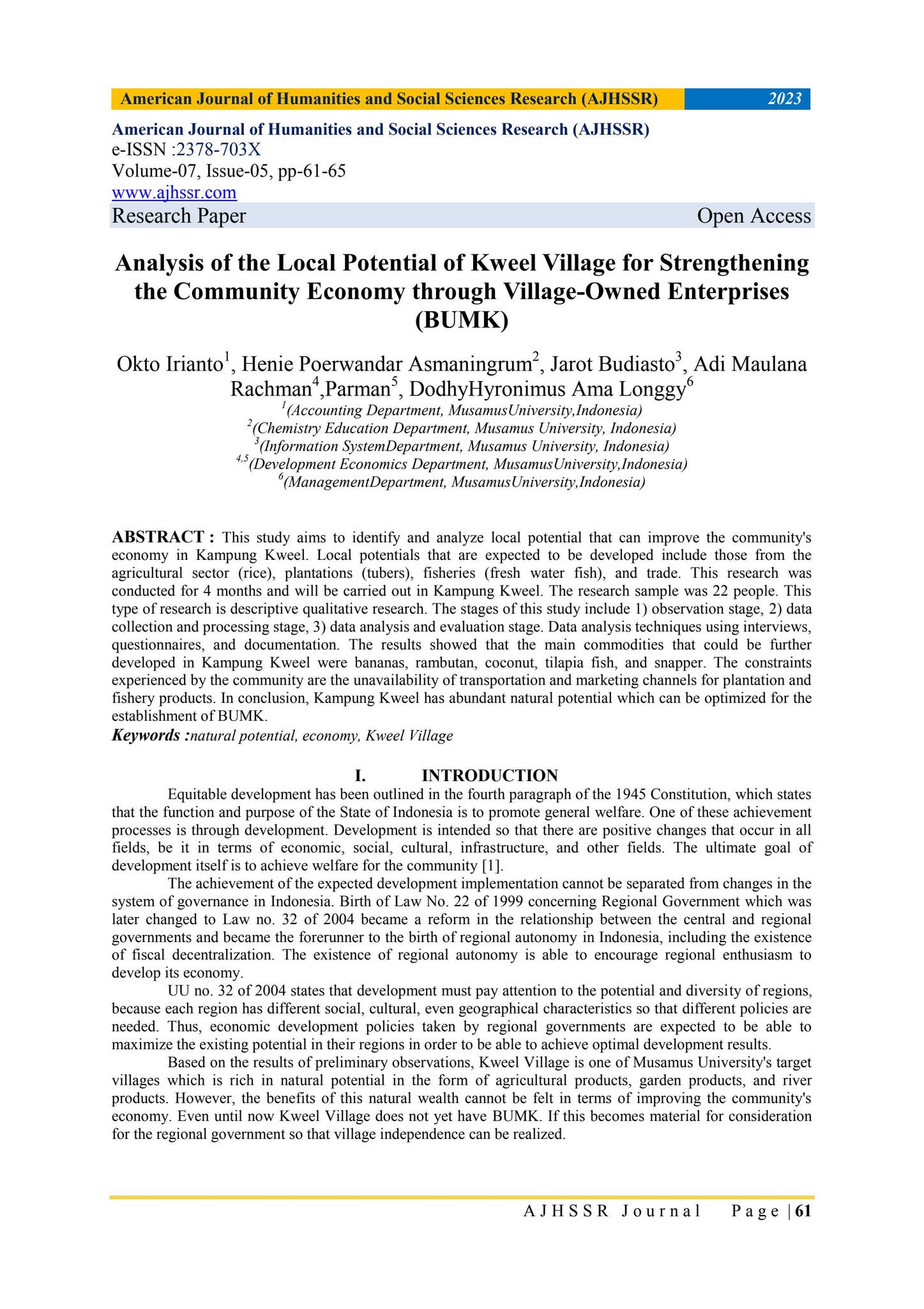 Analysis of the Local Potential of Kweel Village for Strengthening the ...