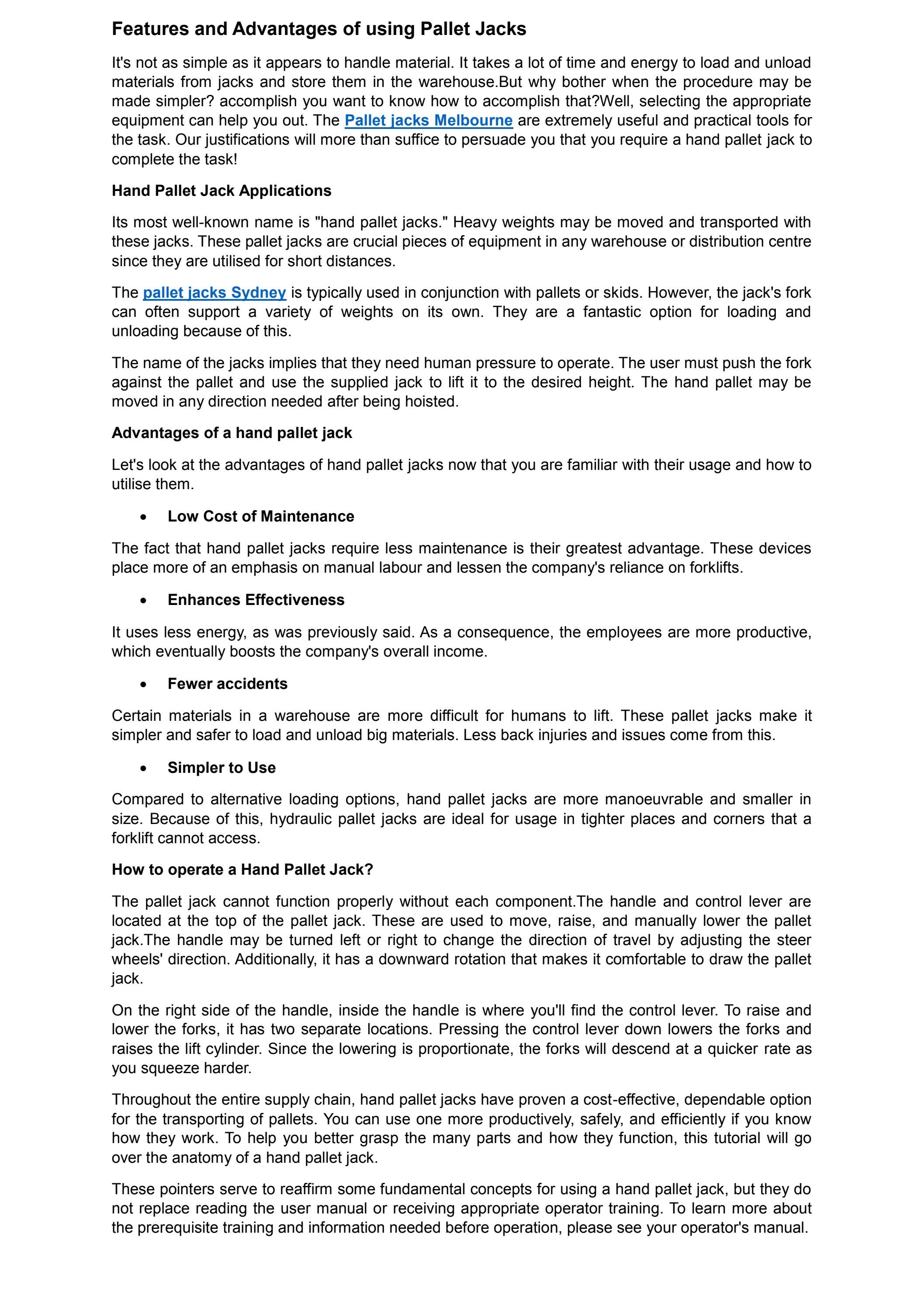 Features and Advantages of using Pallet Jacks by palletjacks - Issuu