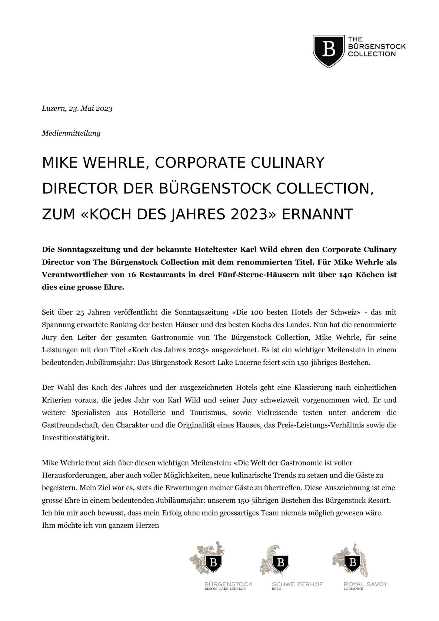 Press Release | Mike Wehrle Koch des Jahres - DE by Bürgenstock ...