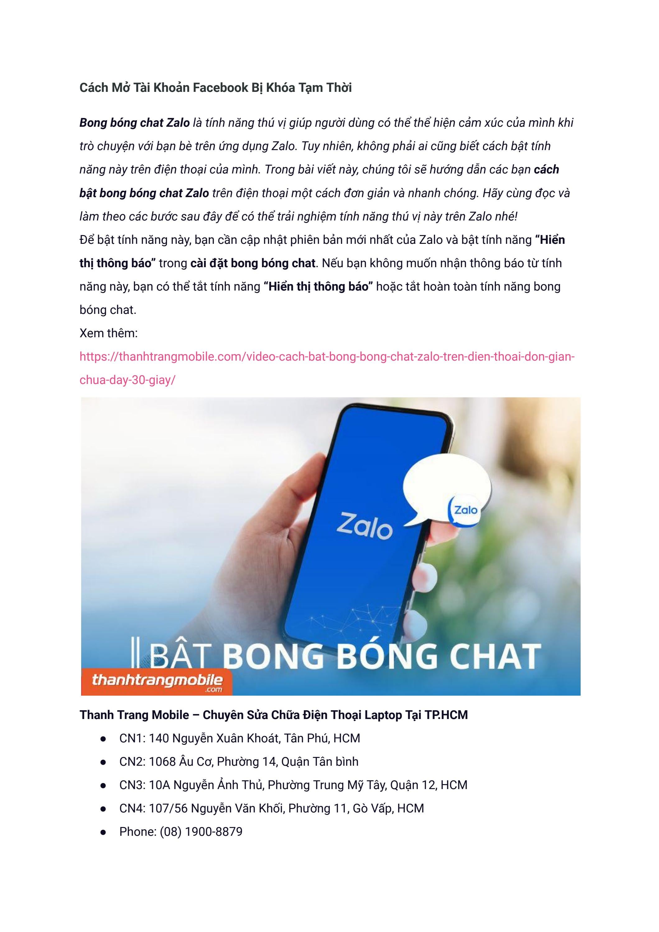 Cách Bật Bong Bóng Chat Zalo by Thay Pin Thanh Trang Mobile - Issuu